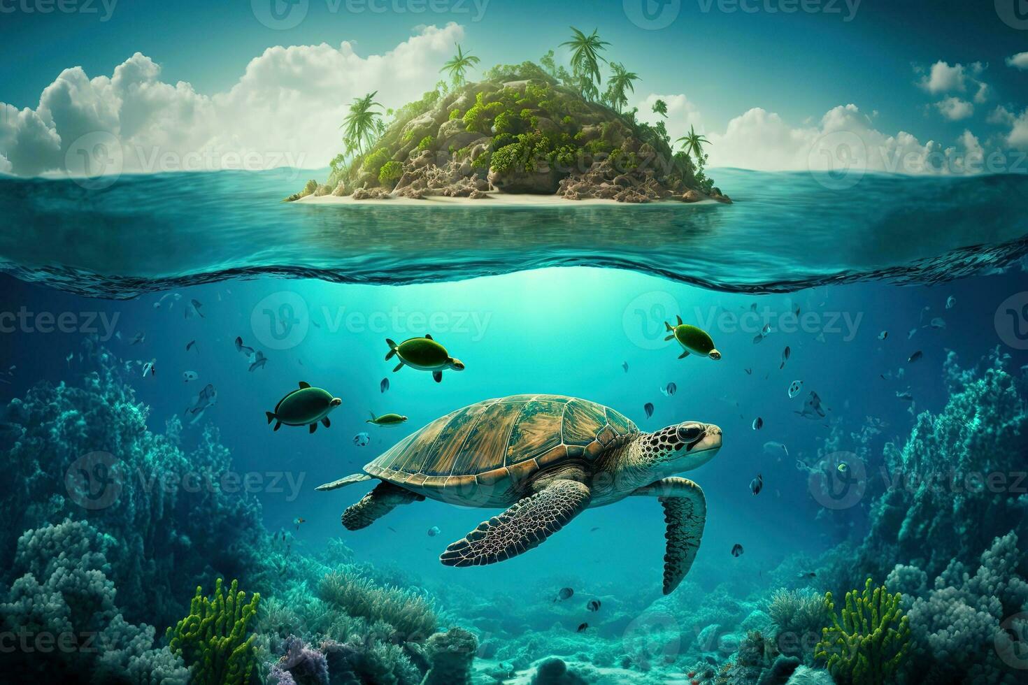 AI generated a turtle swimming in the ocean with an island in the ...