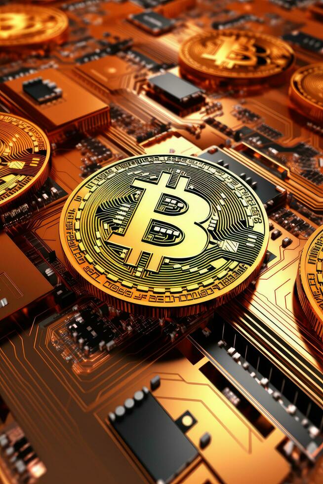 AI generated Golden bitcoin background. Cryptocurrency trading, Financial investment concept ...