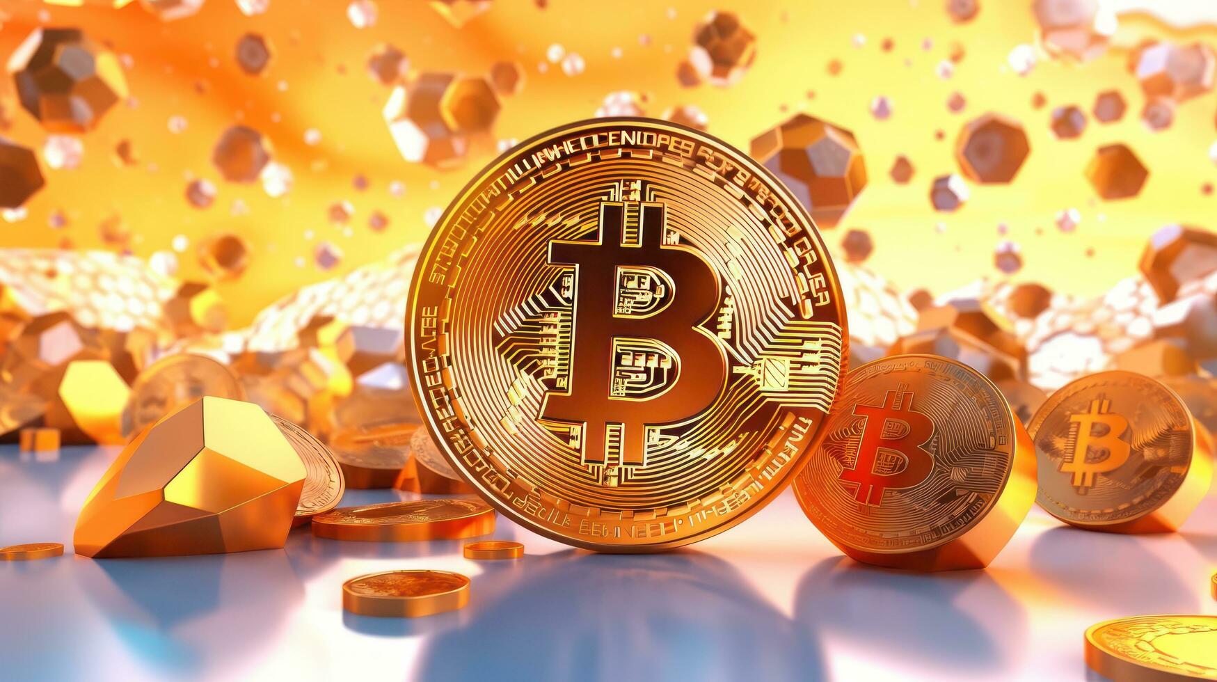 AI generated Golden bitcoin background. Cryptocurrency trading, Financial investment concept ...