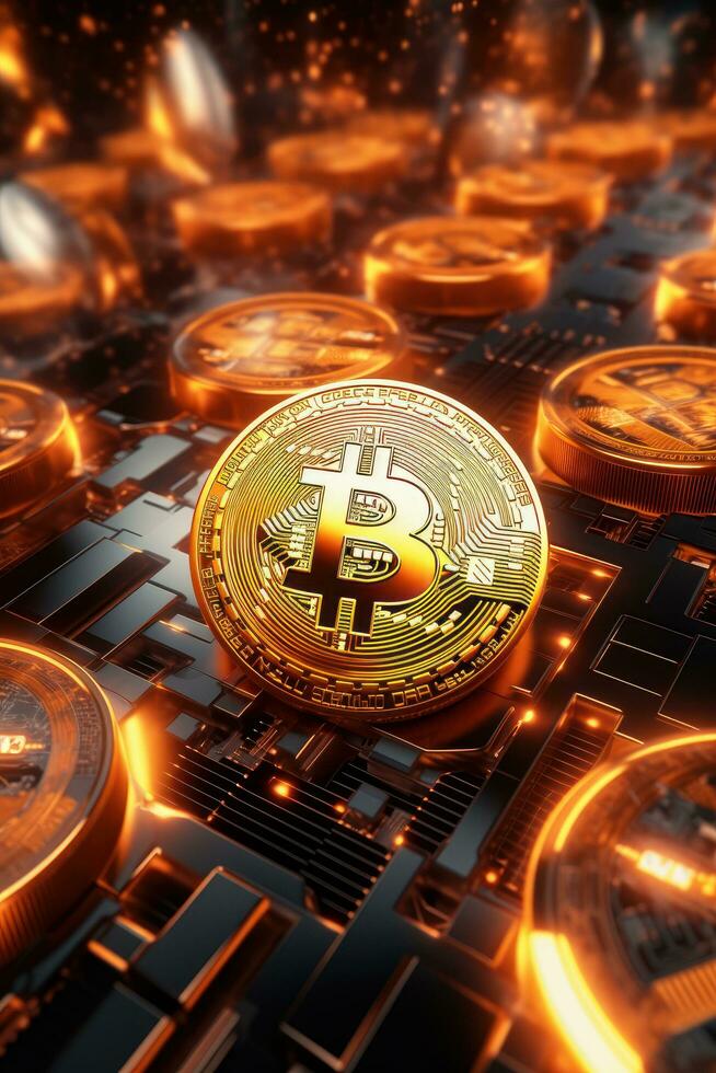 AI generated Golden bitcoin background. Cryptocurrency trading, Financial investment concept ...