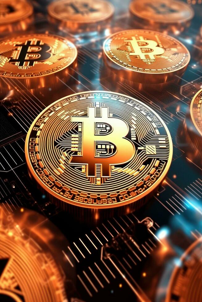 AI generated Golden bitcoin background. Cryptocurrency trading, Financial investment concept ...