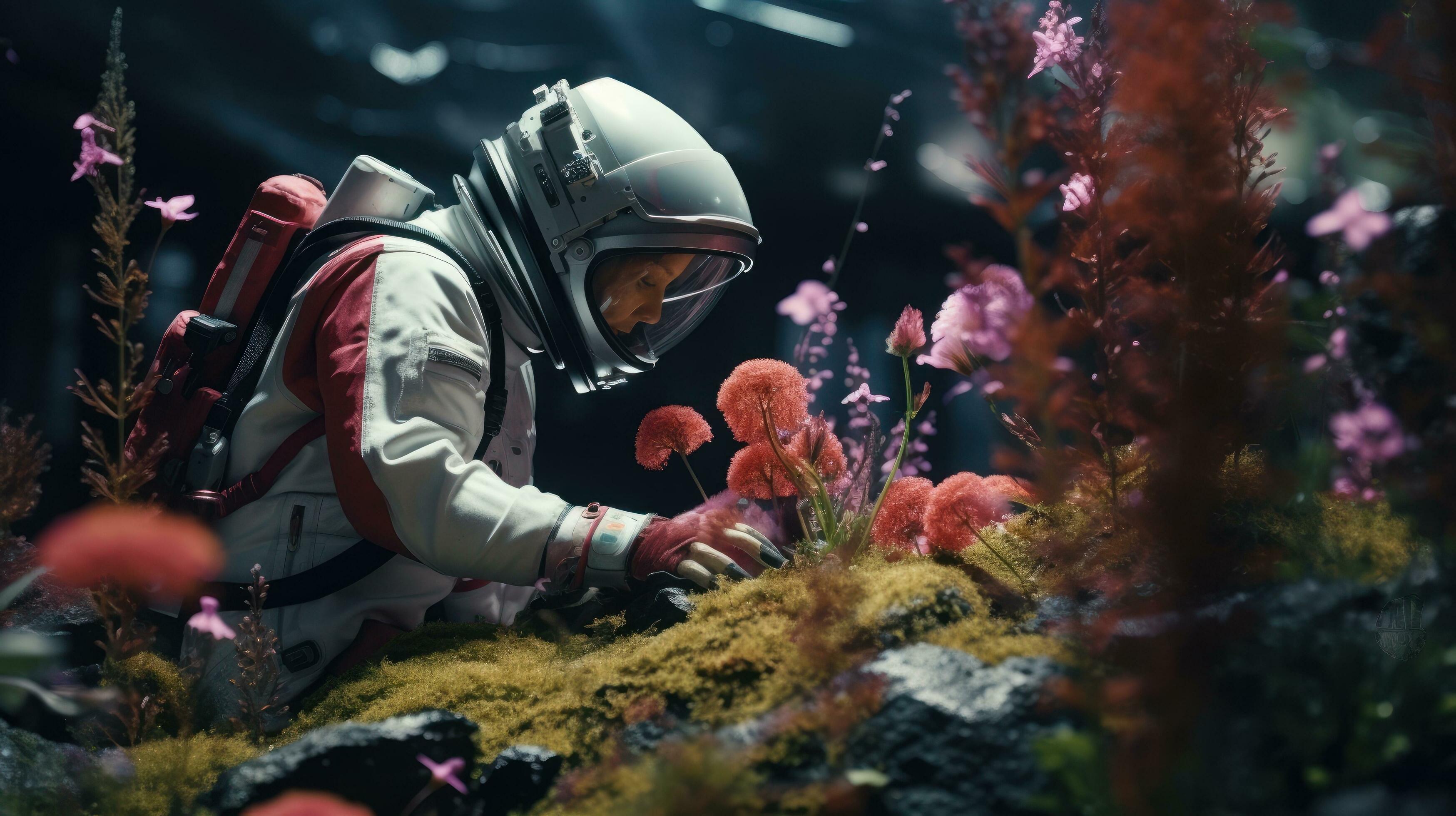AI generated An astronaut exploring and researching a variety of plants ...