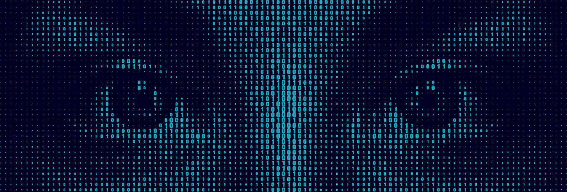 Halftone letter binary code pattern forming a pair of eyes. Coding language symbols forming a ...