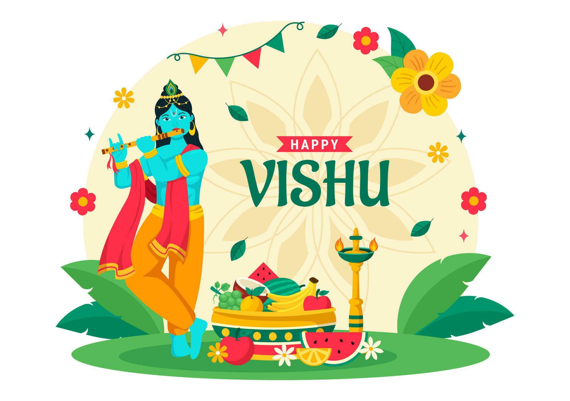 contento vishu festival vector ilustración con Krishna,tradicional kerala kani, frutas y ...