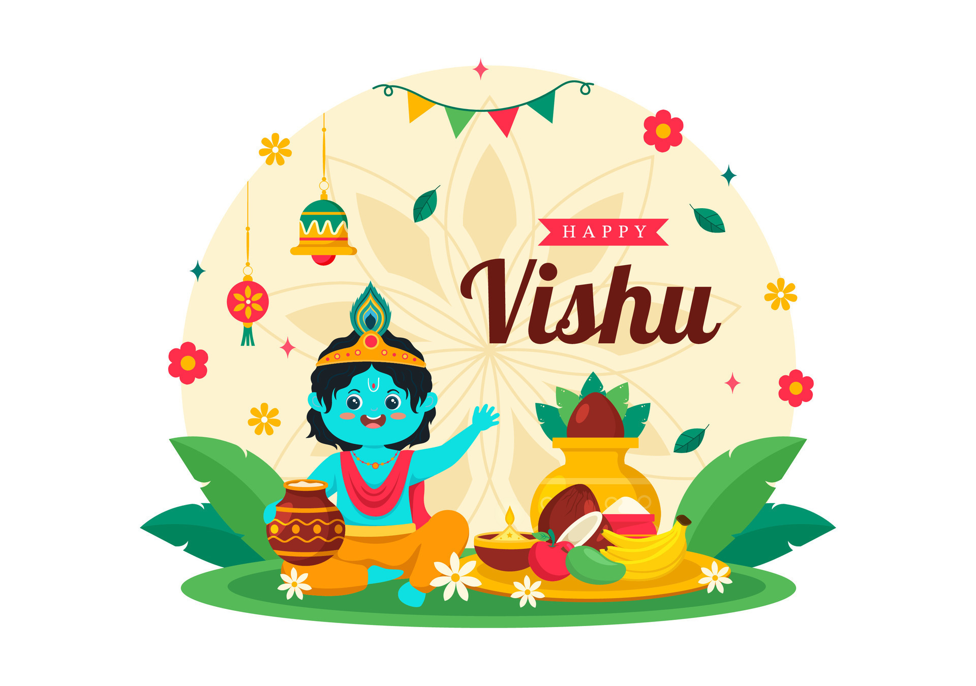 contento vishu festival vector ilustración con Krishna,tradicional kerala kani, frutas y ...