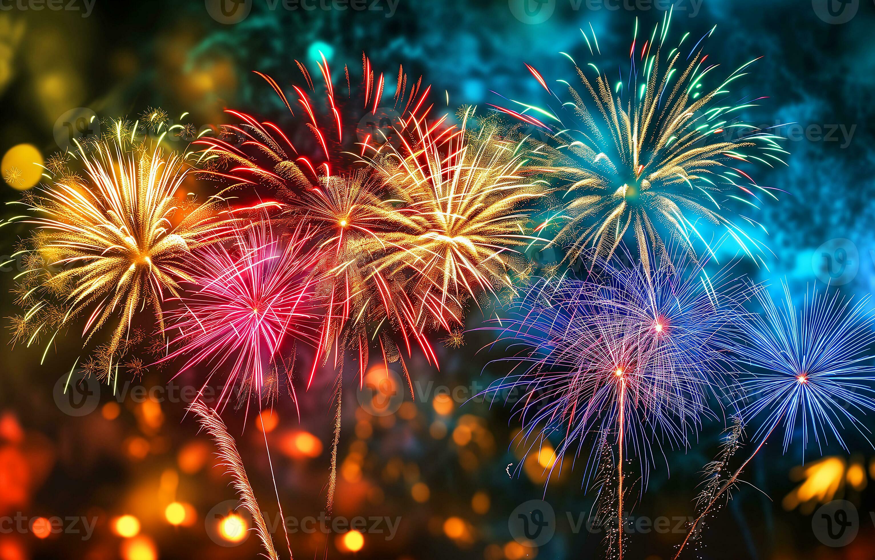 AI generated Golden and multicolored fireworks, festive lights on a dark background ...