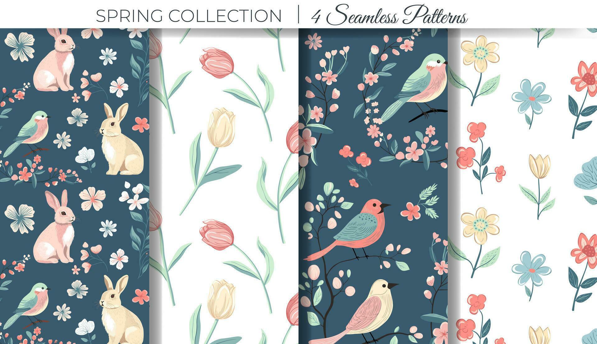 Spring seamless patterns. Set of spring background with bunny, tulips ...
