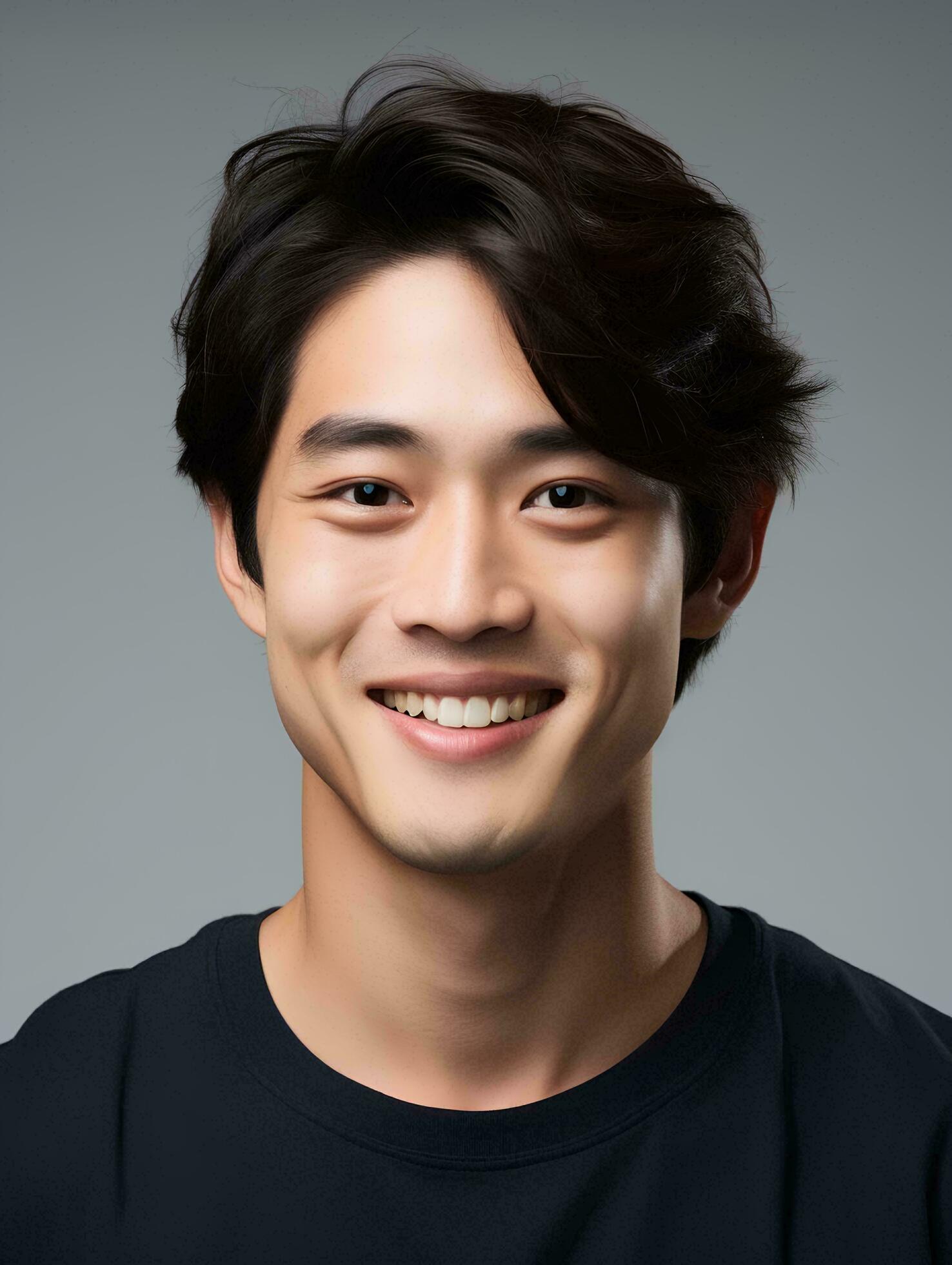 AI generated Portrait of a young Japanese man with smiling expression, facing the camera ...