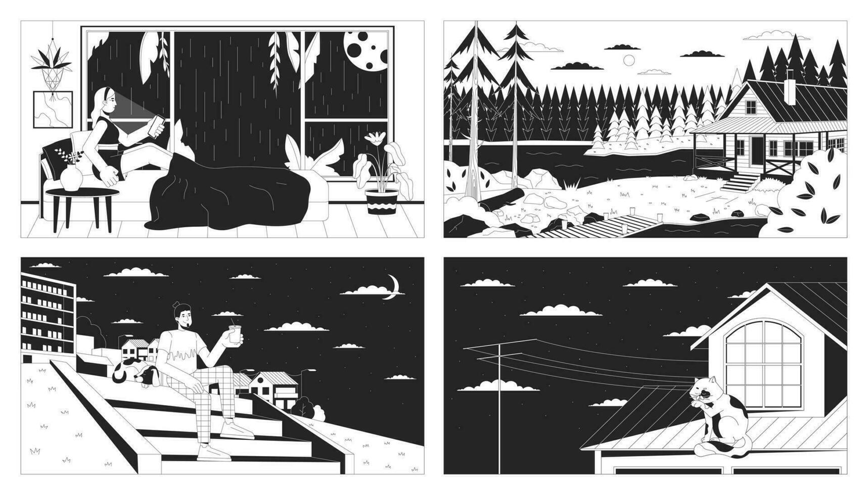 Recreation Adults Dusk Black And White Lofi Wallpapers Set Sleepless Night Cozy Cabin 2d