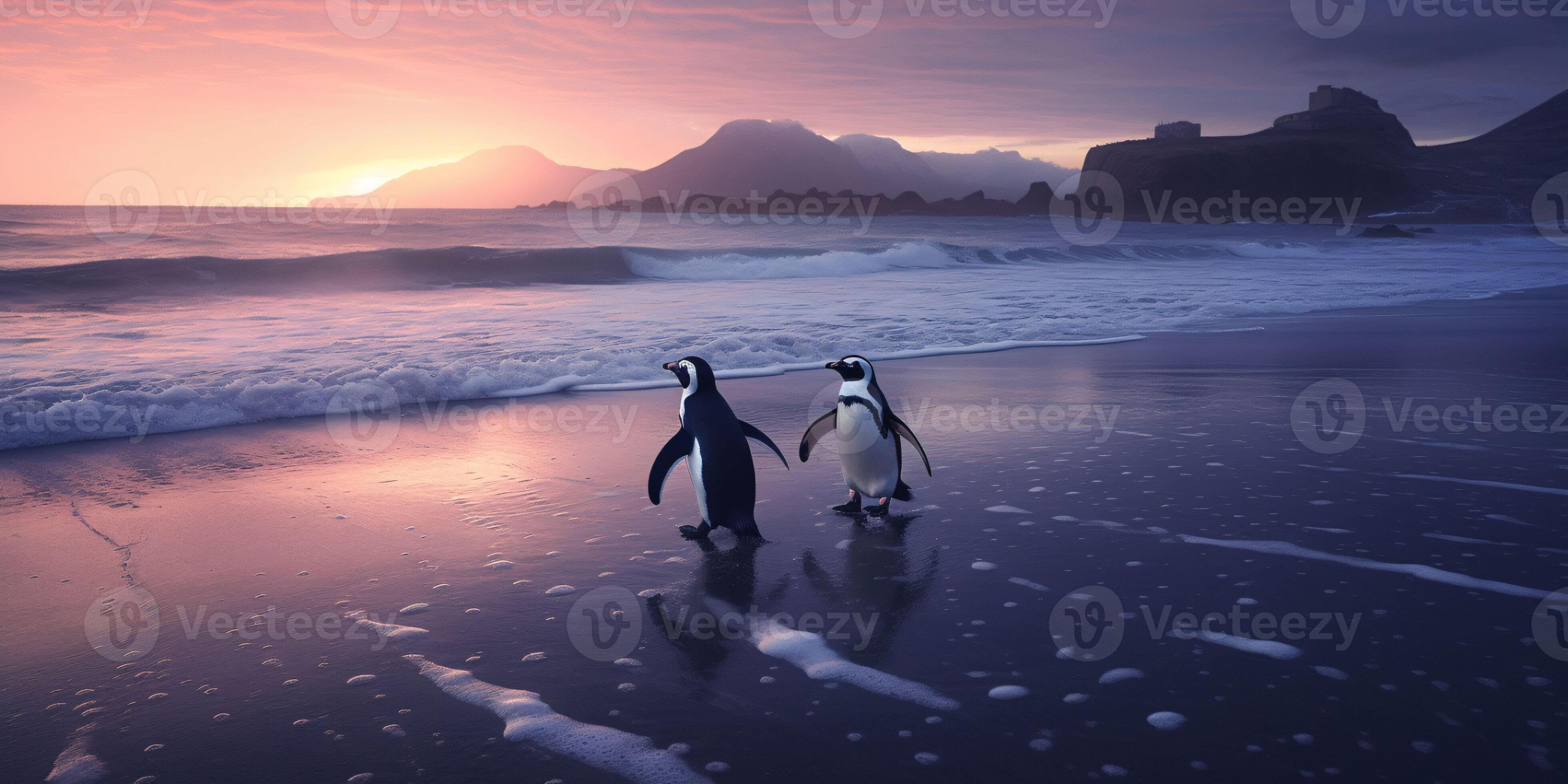 AI generated A Pair of Penguins Enjoy the Beauty of the Beach at Dusk. Penguin Couple ...