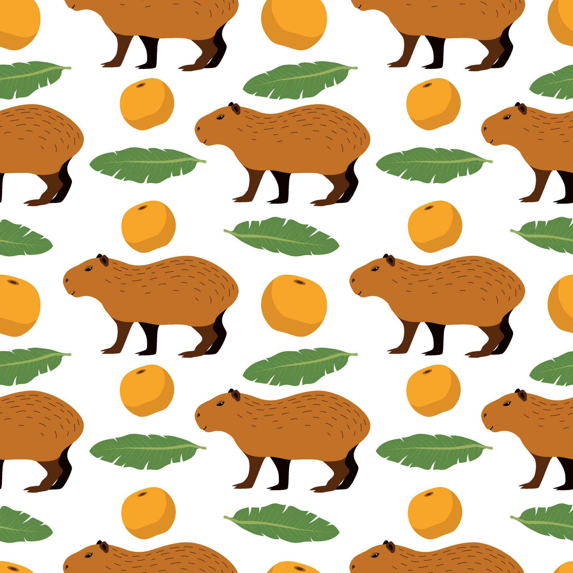 Seamless capybara pattern. Cute capybara, orange, tangerine and palm leaves. Baby pattern for ...