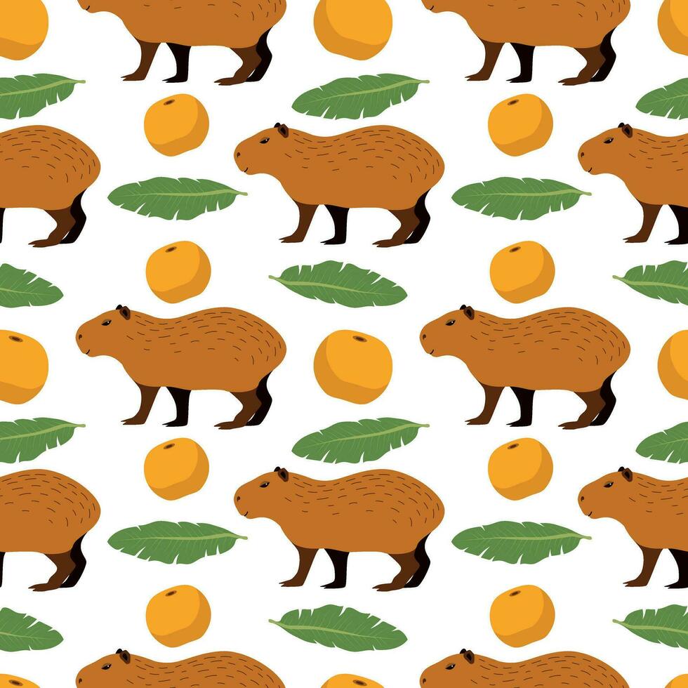 Seamless capybara pattern. Cute capybara, orange, tangerine and palm leaves. Baby pattern for ...