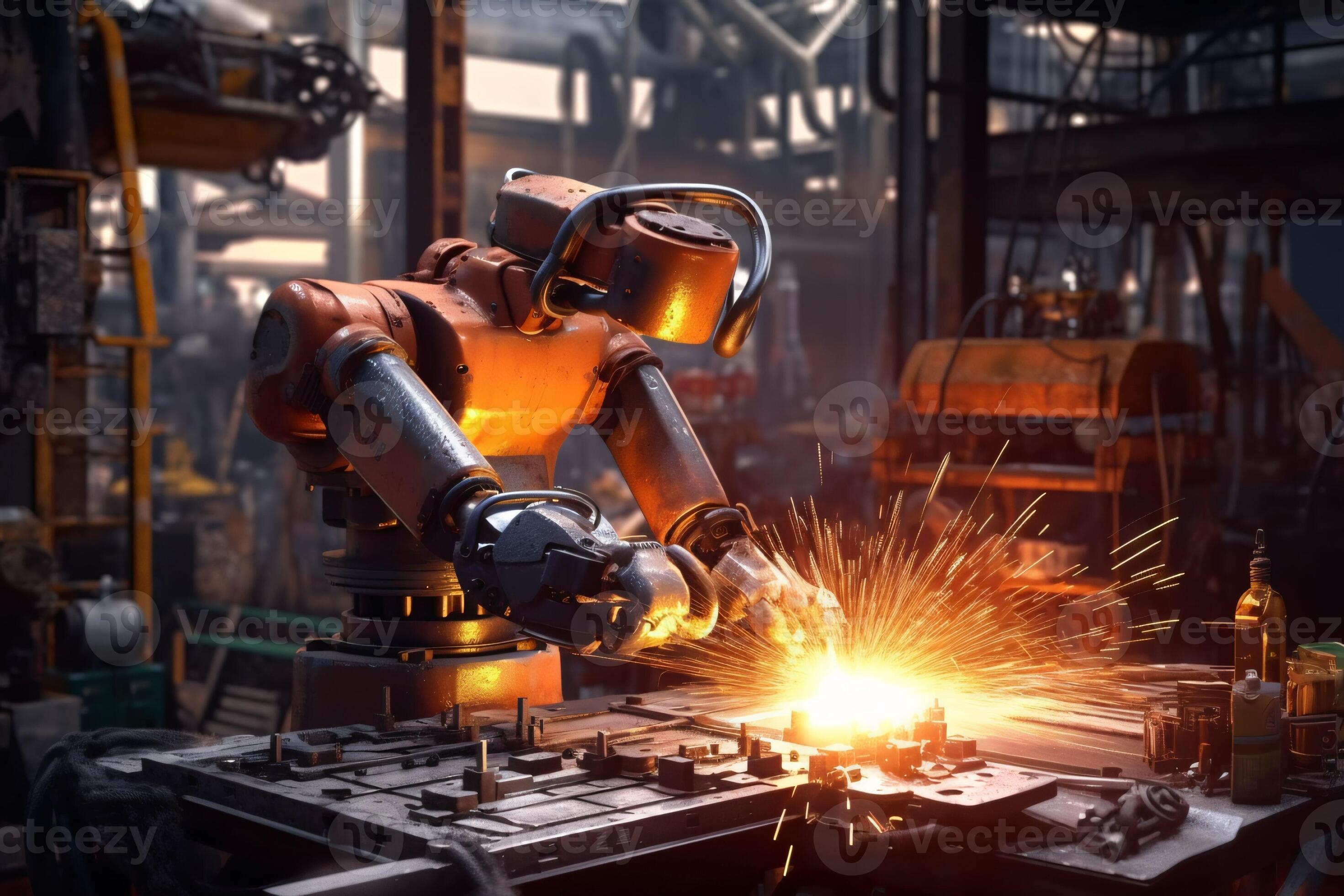 AI generated Industrial Robots at Work. Industrial Robots Doing Welding ...