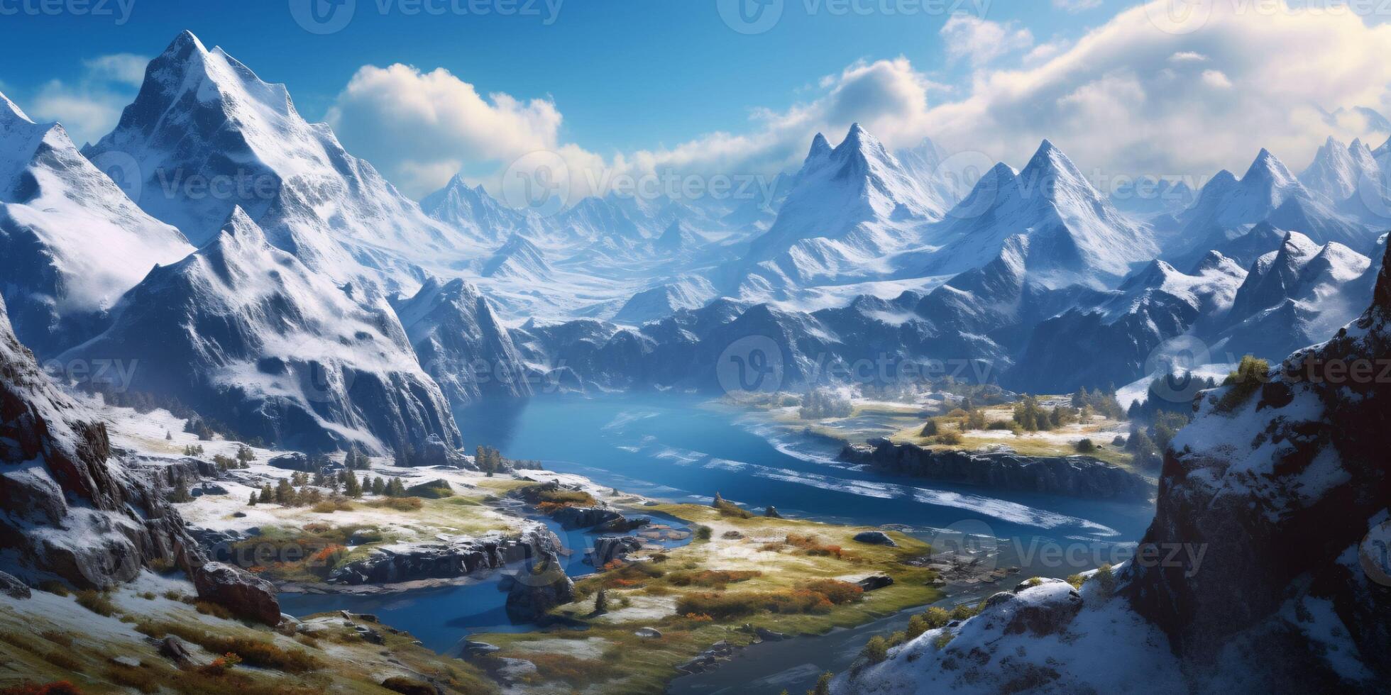 AI generated Illustration of a Large Snowy Mountain Landscape with a ...