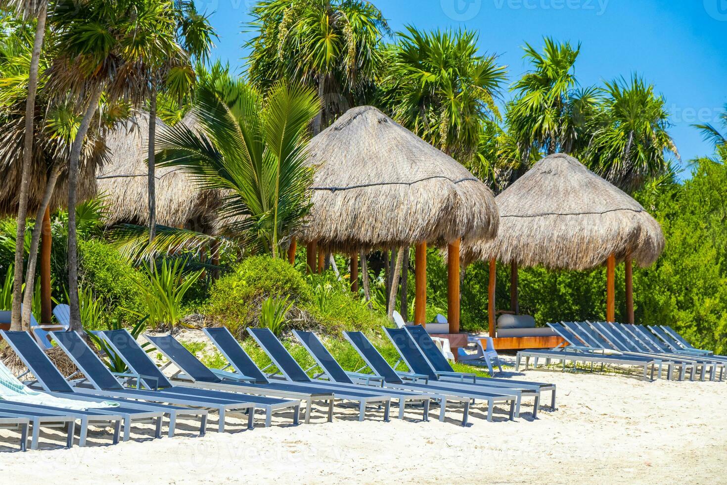 Palapa thatched roofs palms parasols sun loungers beach resort Mexico. 36440368 Stock Photo at ...
