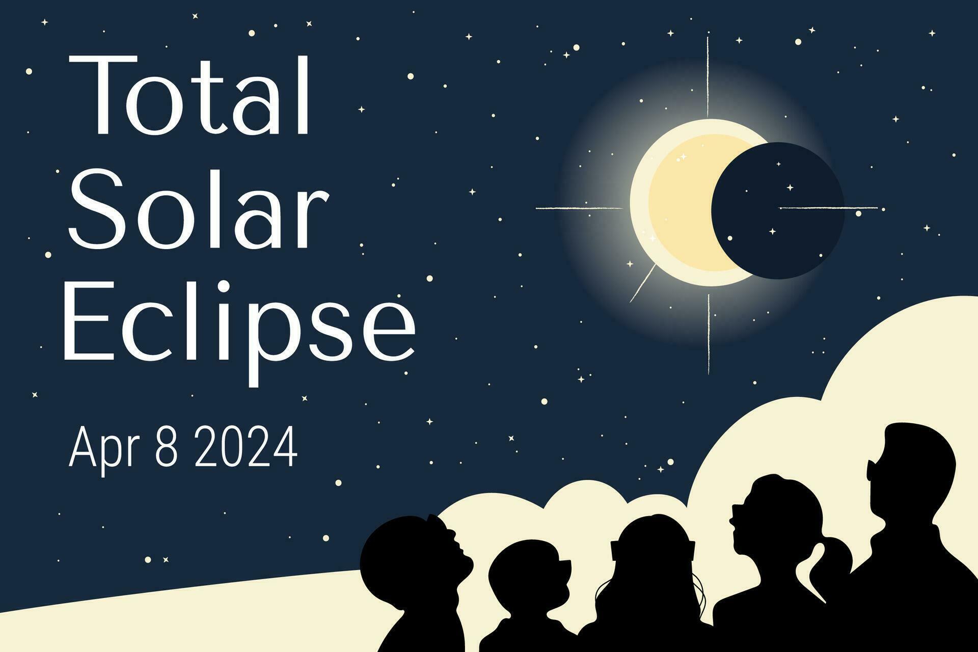 People in glasses watching solar eclipse. Hand drawn vector banner ...