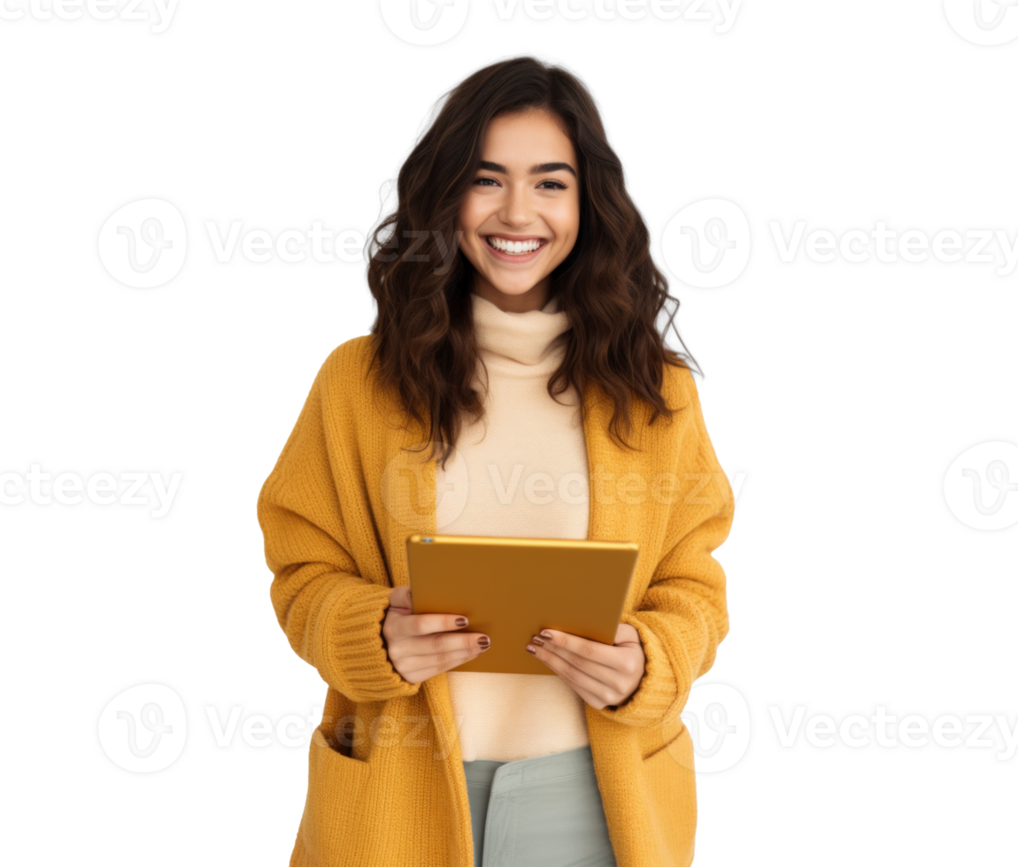 Ai Generated Attractive Girl Using Tablet Png File Of Isolated Cutout Object With Shadow On
