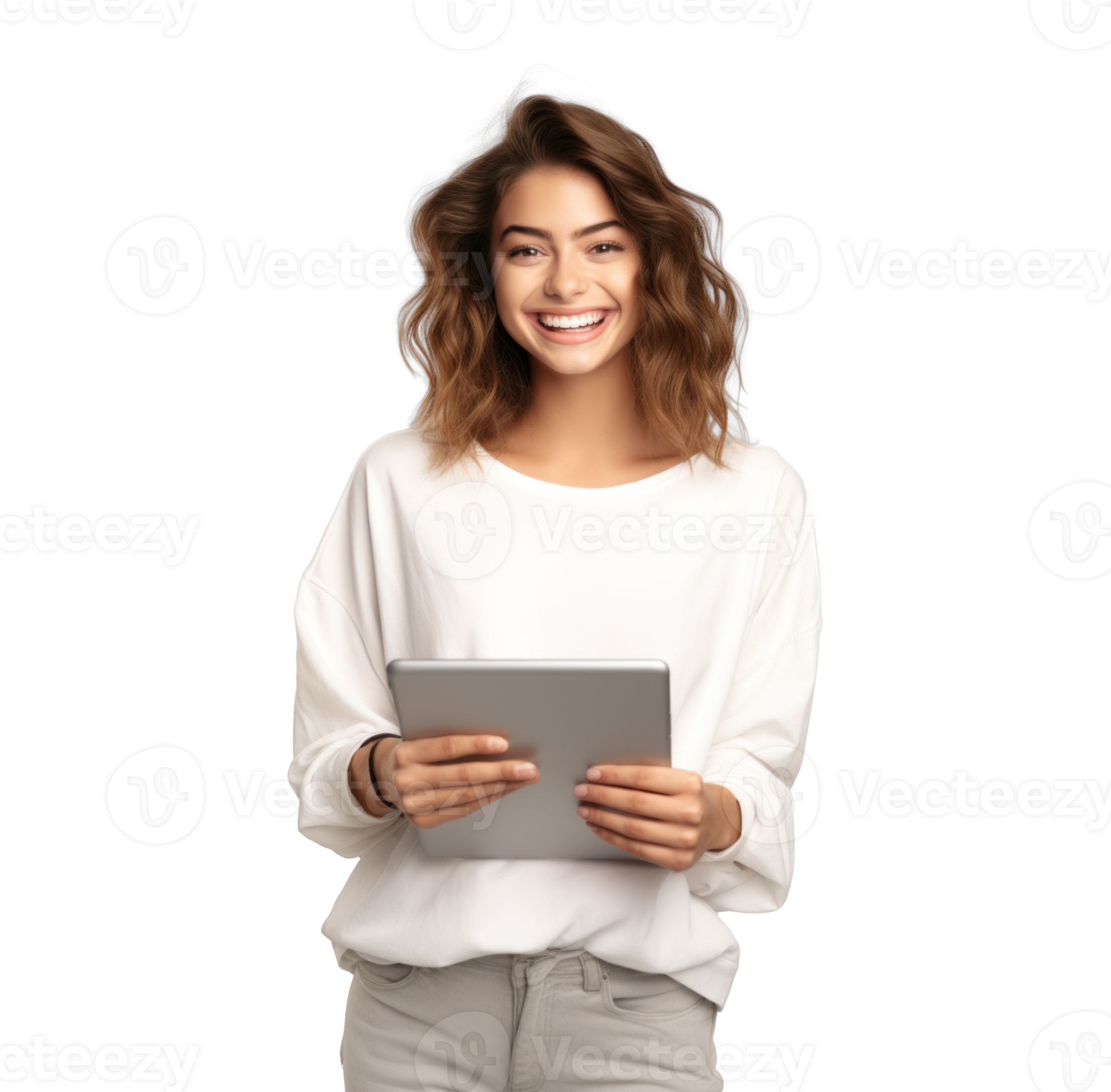 Ai Generated Attractive Girl Using Tablet Png File Of Isolated Cutout Object With On
