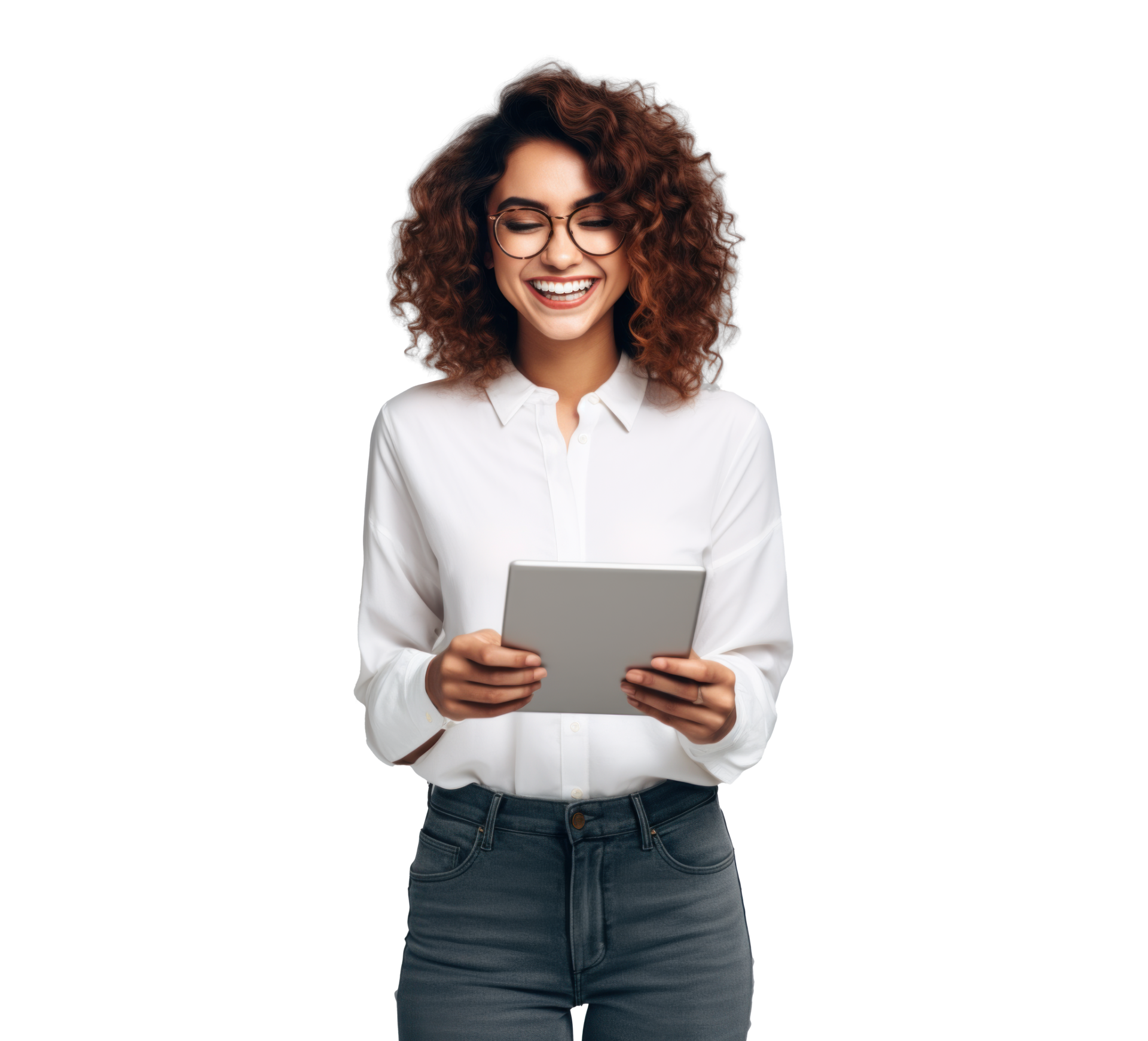 Ai Generated Attractive Girl Using Tablet Png File Of Isolated Cutout Object With Shadow On