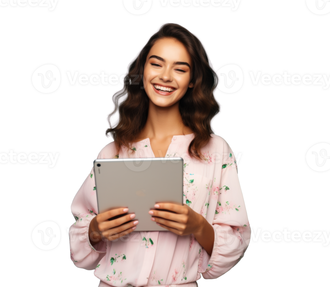 Ai Generated Attractive Girl Using Tablet Png File Of Isolated Cutout Object With Shadow On