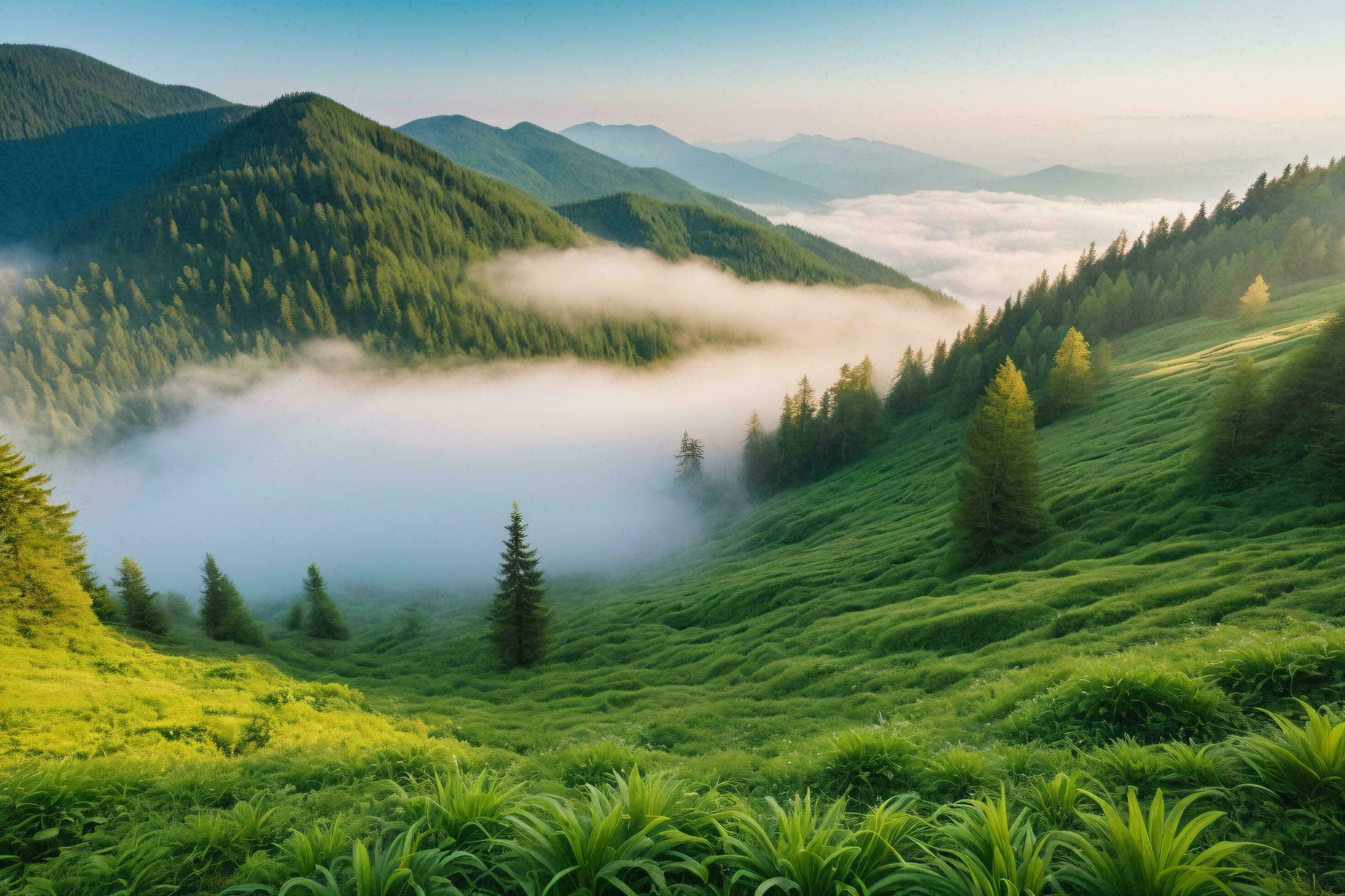 AI generated Verdant Landscape in Misty Morning 36463011 Stock Photo at Vecteezy