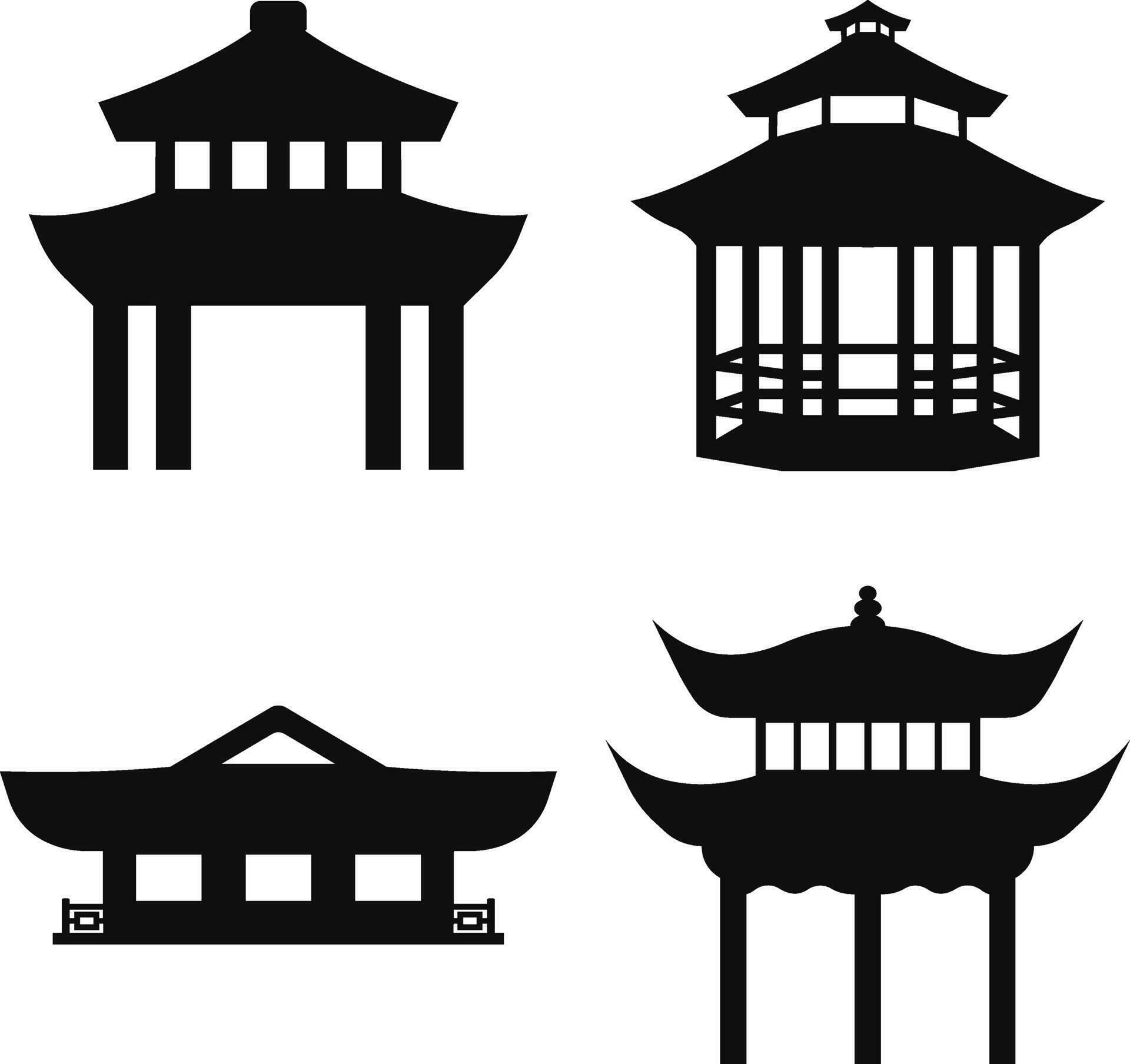 Traditional Chinese Building Silhouette Set. Isolated Black Vector ...