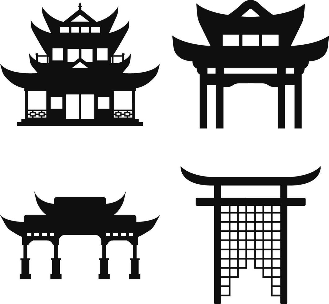 Traditional Chinese Building Silhouette Set. Isolated Black Vector ...