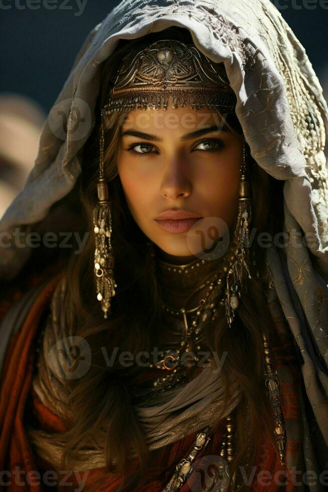 Ai Generated Portrait Of Beautiful Veiled Arab Women With Desert Background Close Up Of Middle