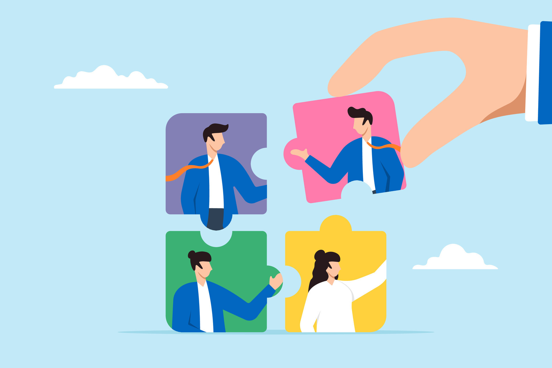 HR businessman hand put new hire to connect jigsaw puzzle in flat design 36479353 Vector Art at ...