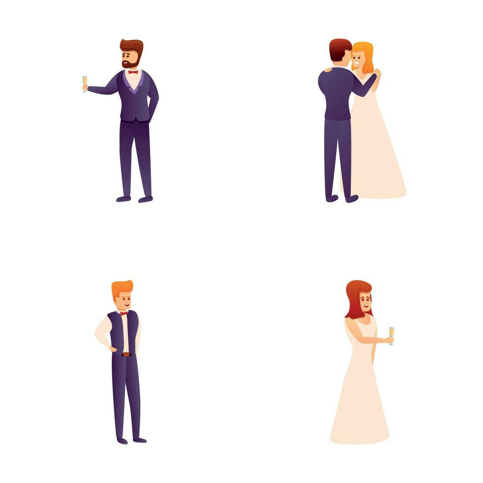 Wedding Day Icons Set Cartoon Vector Bride And Groom With Glass Of