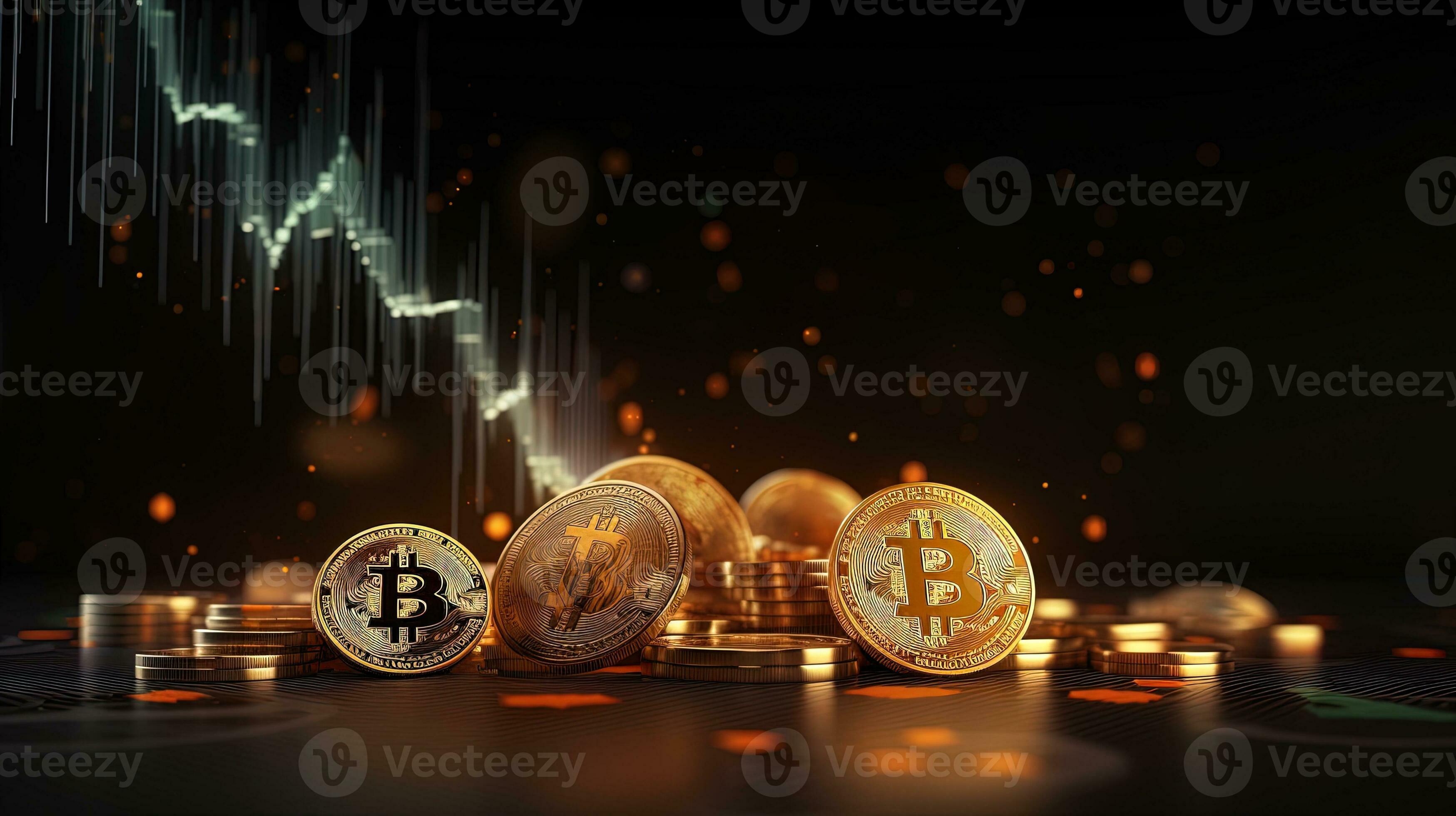AI generated 3d rendering of golden bitcoin coins and candlestick chart background, ai ...