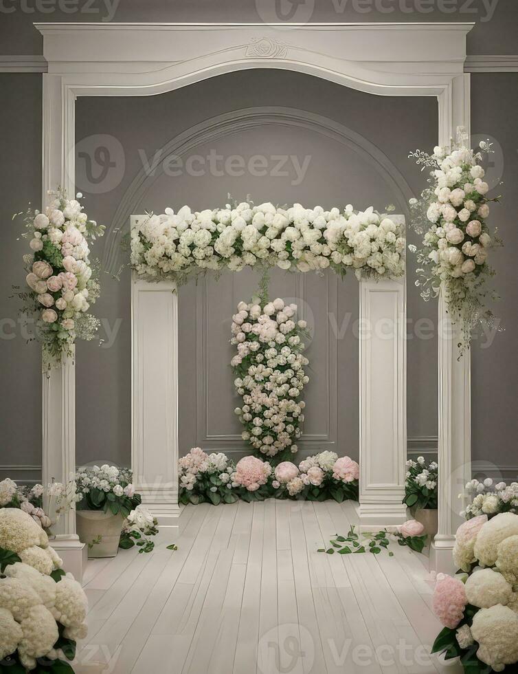 AI generated Elegant indoor wedding backdrop with white flowers ...