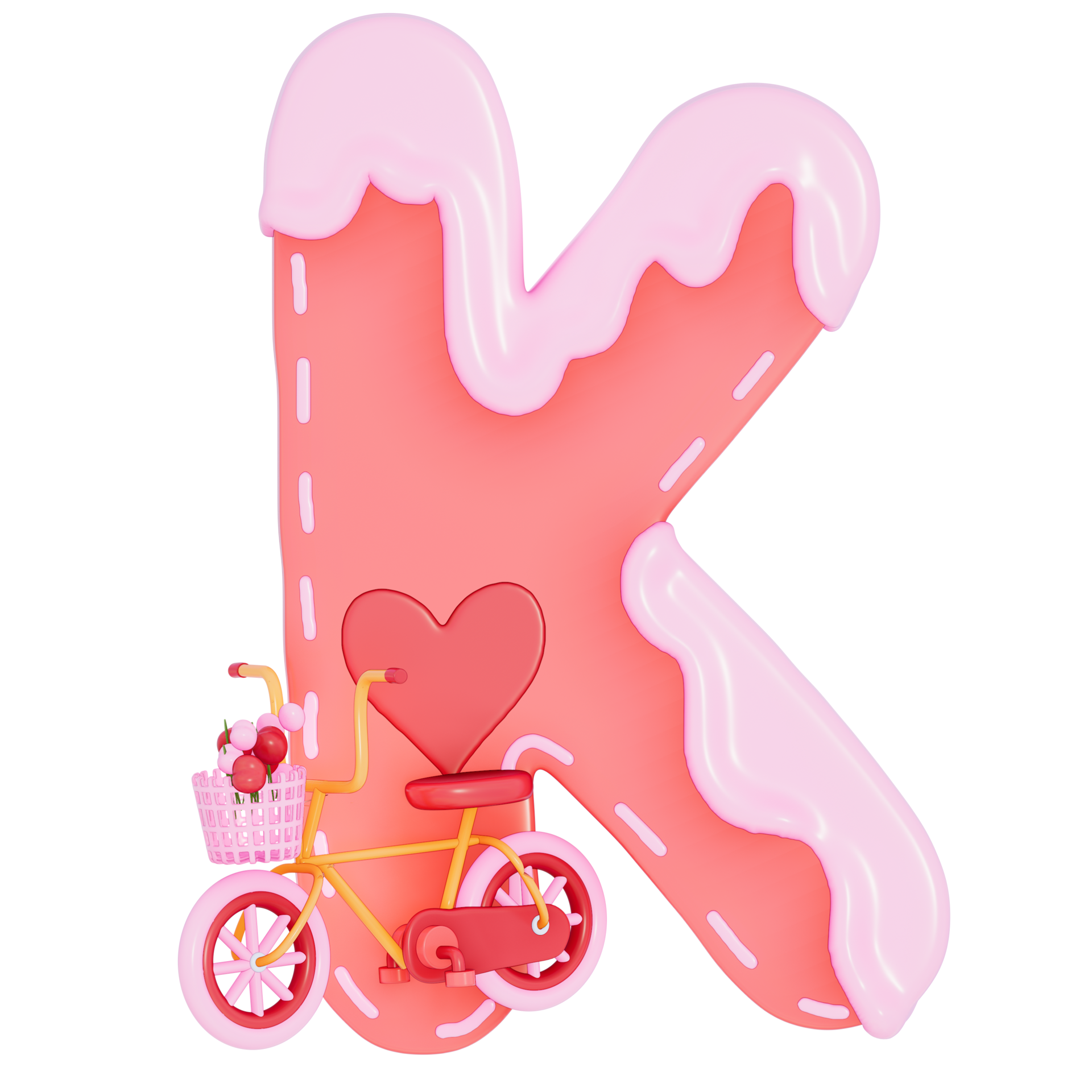 Sweet valentine's day alphabet K with decoration on transparent background , 3D Rendering ...