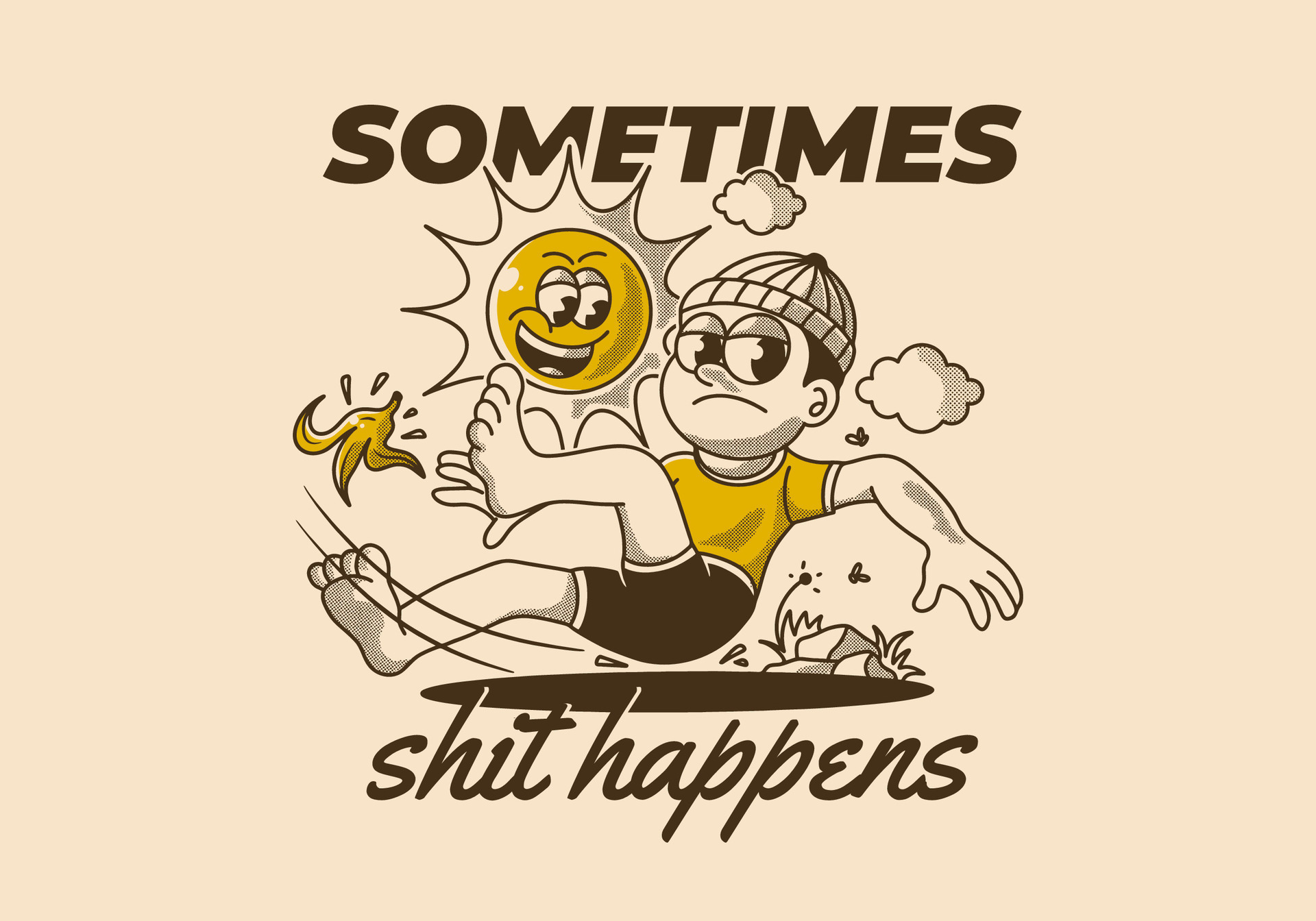 Sometimes, shit happens. Vintage illustration of a boy falling on a ...