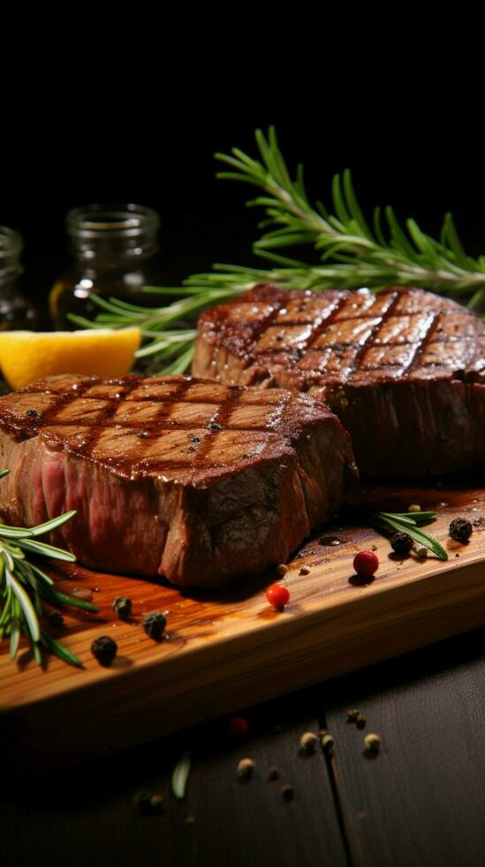 AI generated Photo Wooden cutting board scene grilled beef steak with ...