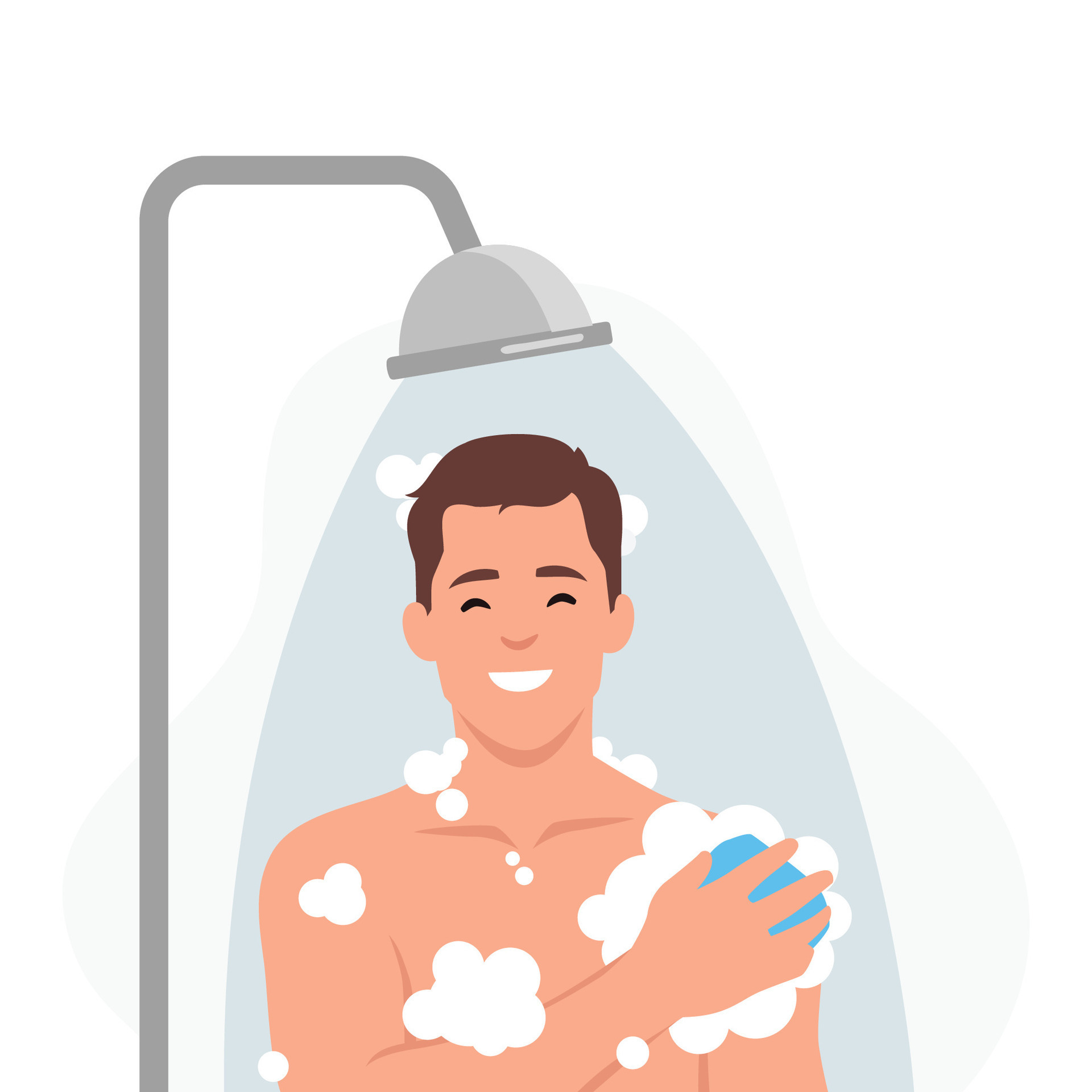 Young Man Taking Shower In Bathroom Washes Head Hair And Body With
