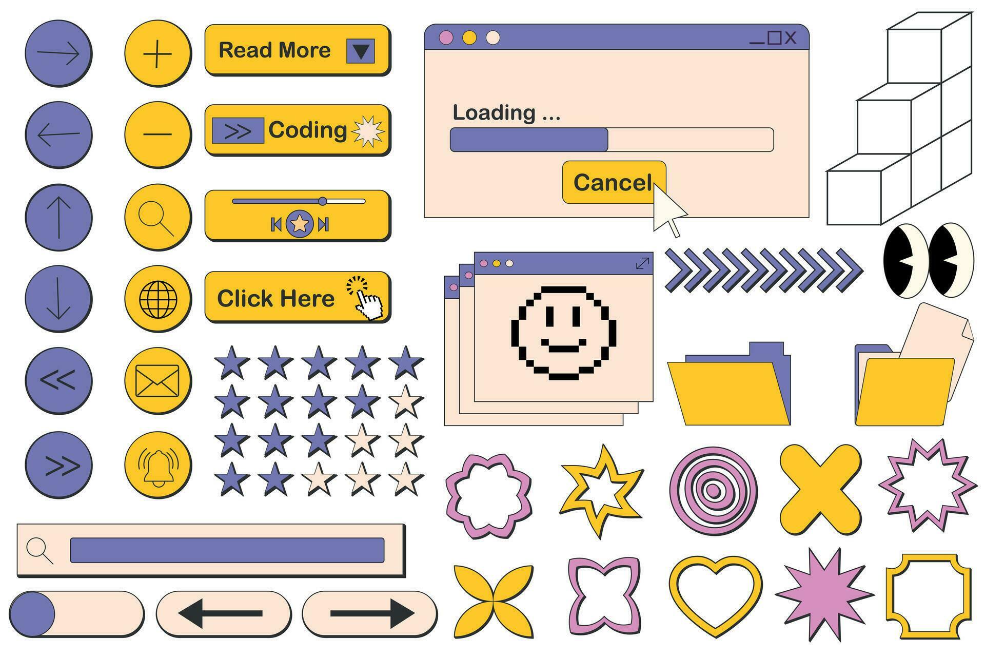 Computer interface in retro neobrutalism style. Window, social media ...