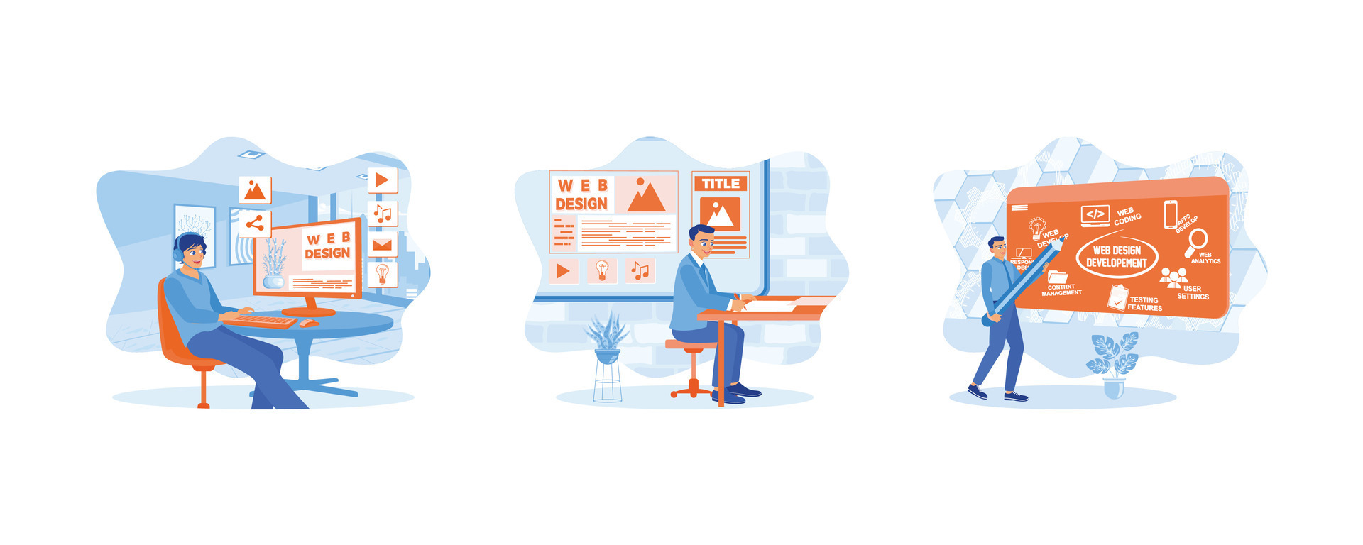 Man working assembling web page. Men create content to fill sites. Web ...