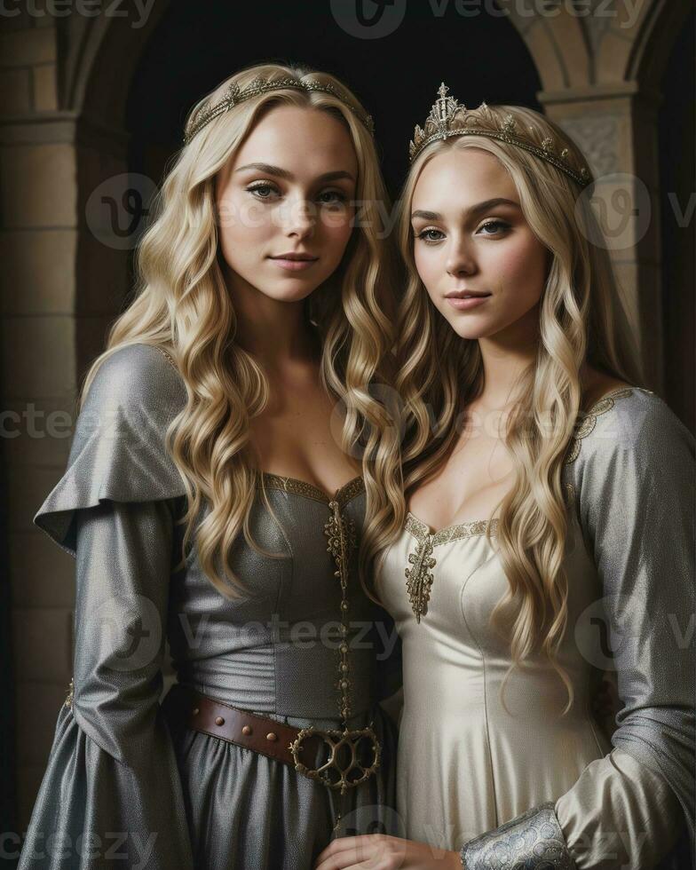 AI generated beautiful women in medieval dresses posing in front of a castle. ai generative ...