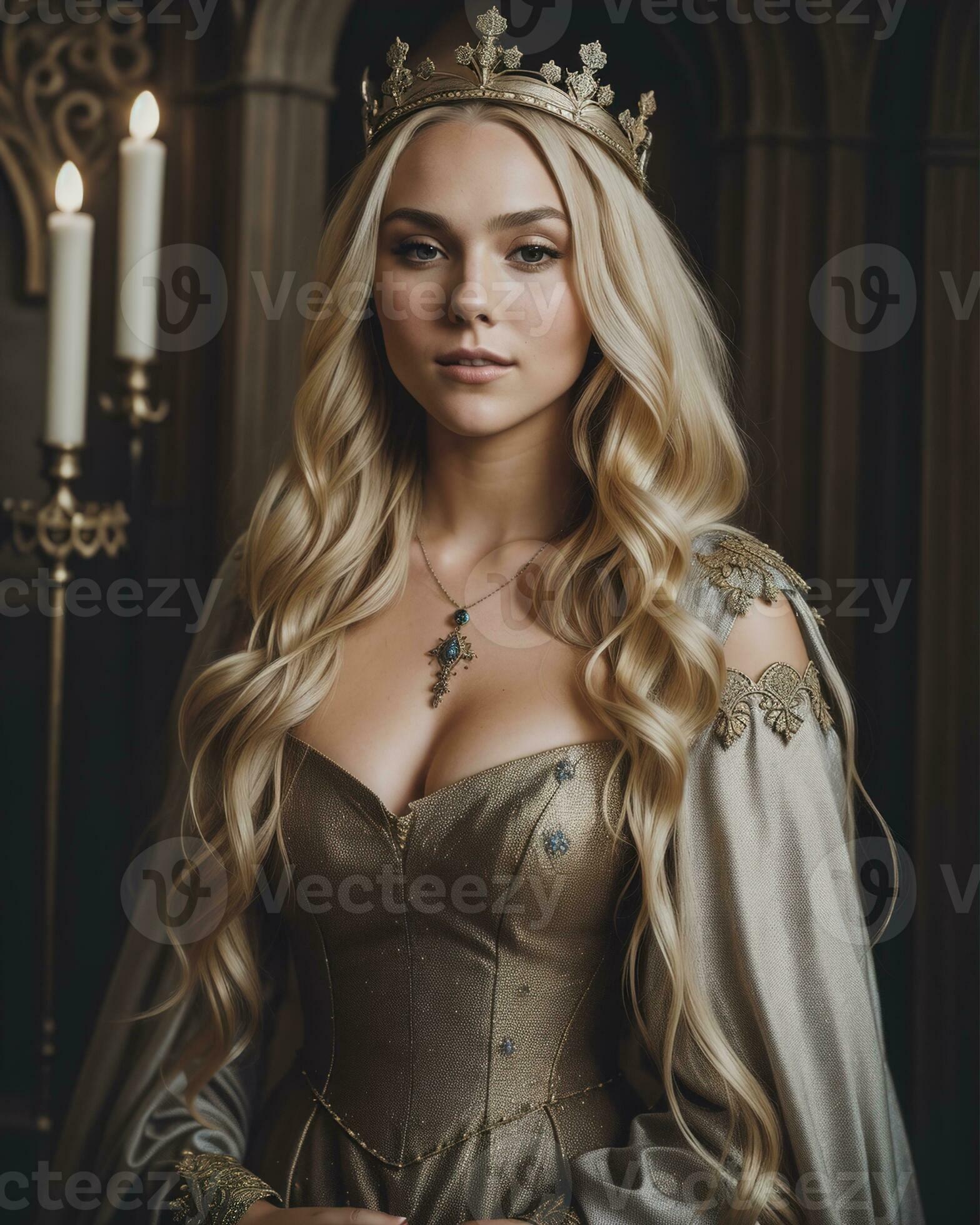 AI generated beautiful women in medieval dresses posing in front of a castle. ai generative ...