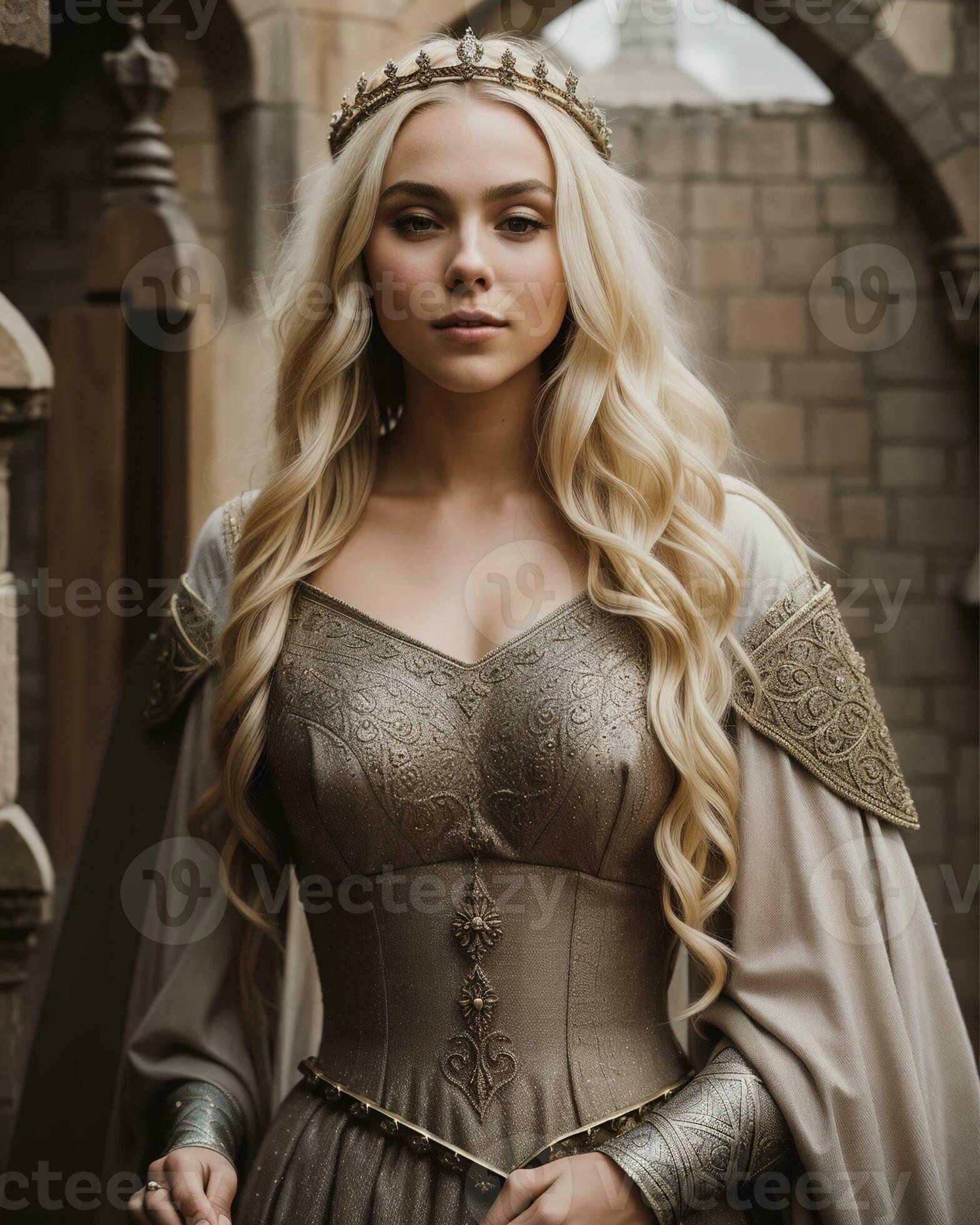 AI generated beautiful women in medieval dresses posing in front of a castle. ai generative ...