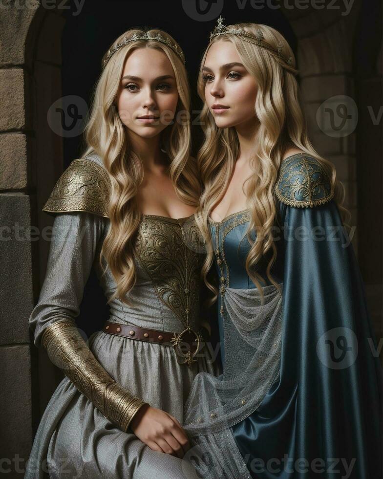 AI generated beautiful women in medieval dresses posing in front of a castle. ai generative ...