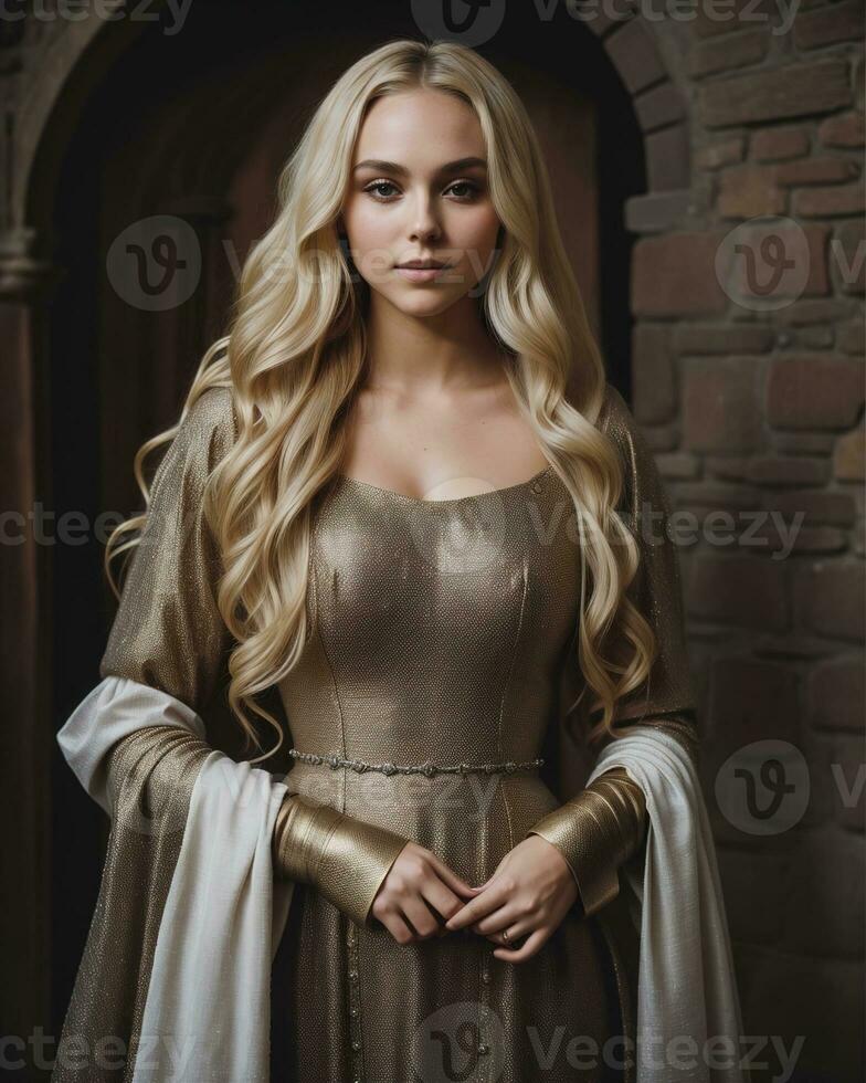 AI generated beautiful women in medieval dresses posing in front of a castle. ai generative ...
