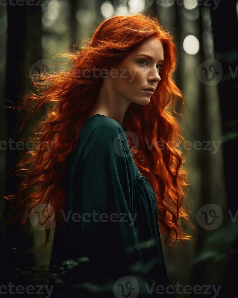 AI generated Beautiful redhead girl with long curly hair in a dark forest. ai generative ...