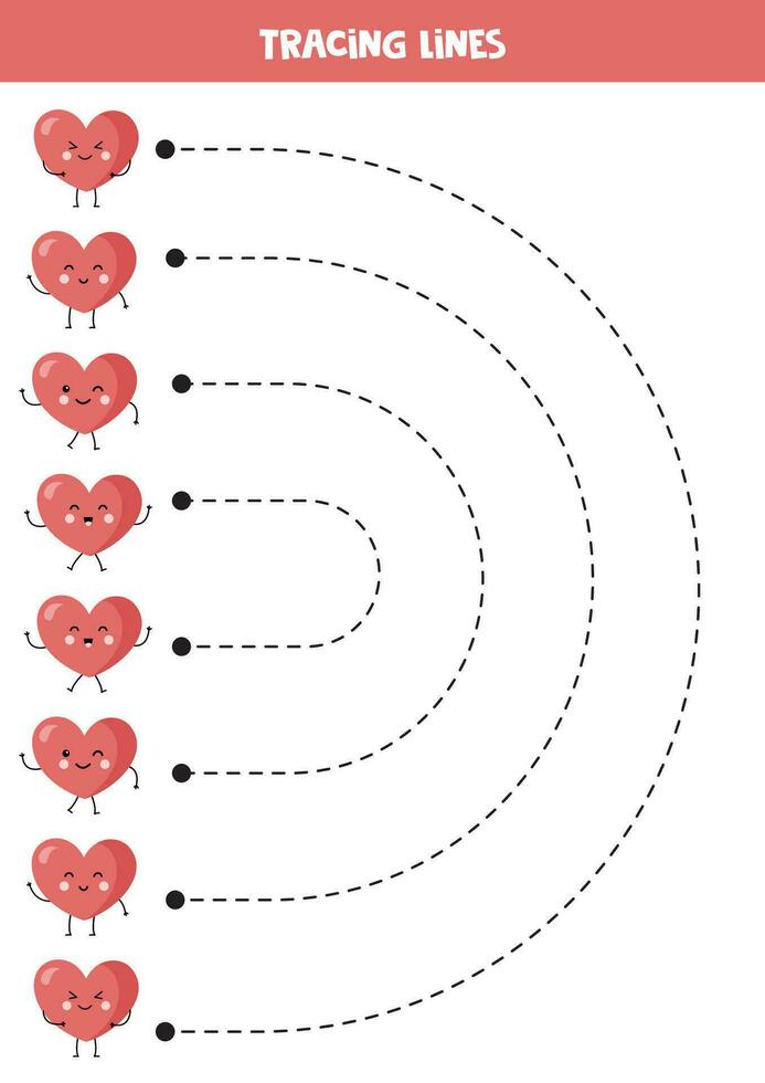 Tracing lines for kids. Cartoon pink kawaii hearts. Handwriting ...