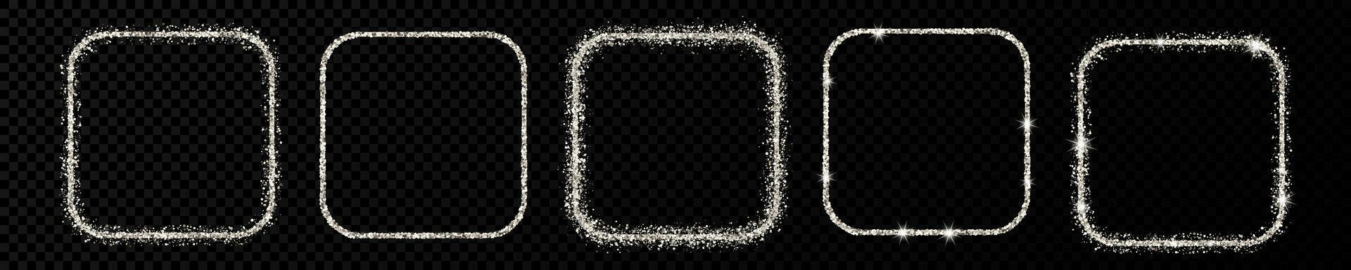 Set of five silver glitter frames. Square with rounded corners frame with shiny sparkles on dark ...