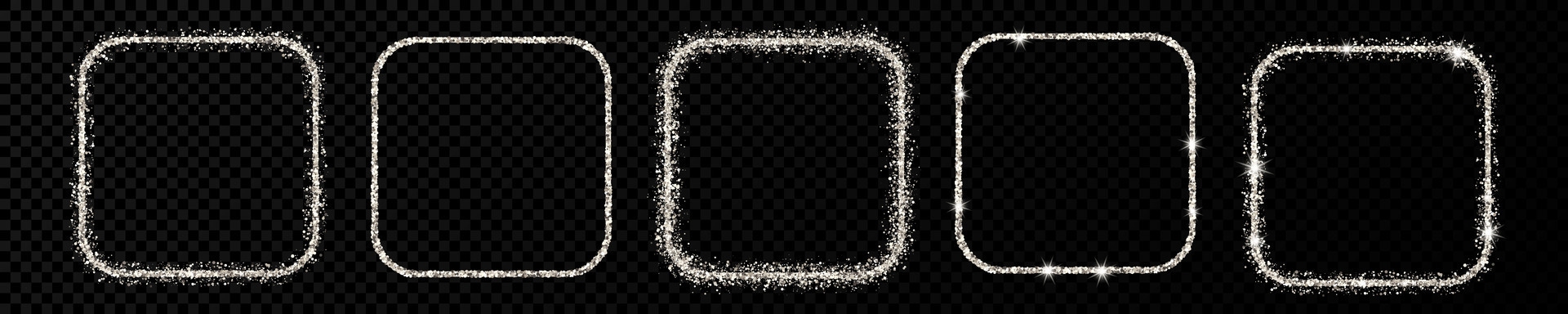 Set of five silver glitter frames. Square with rounded corners frame with shiny sparkles on dark ...