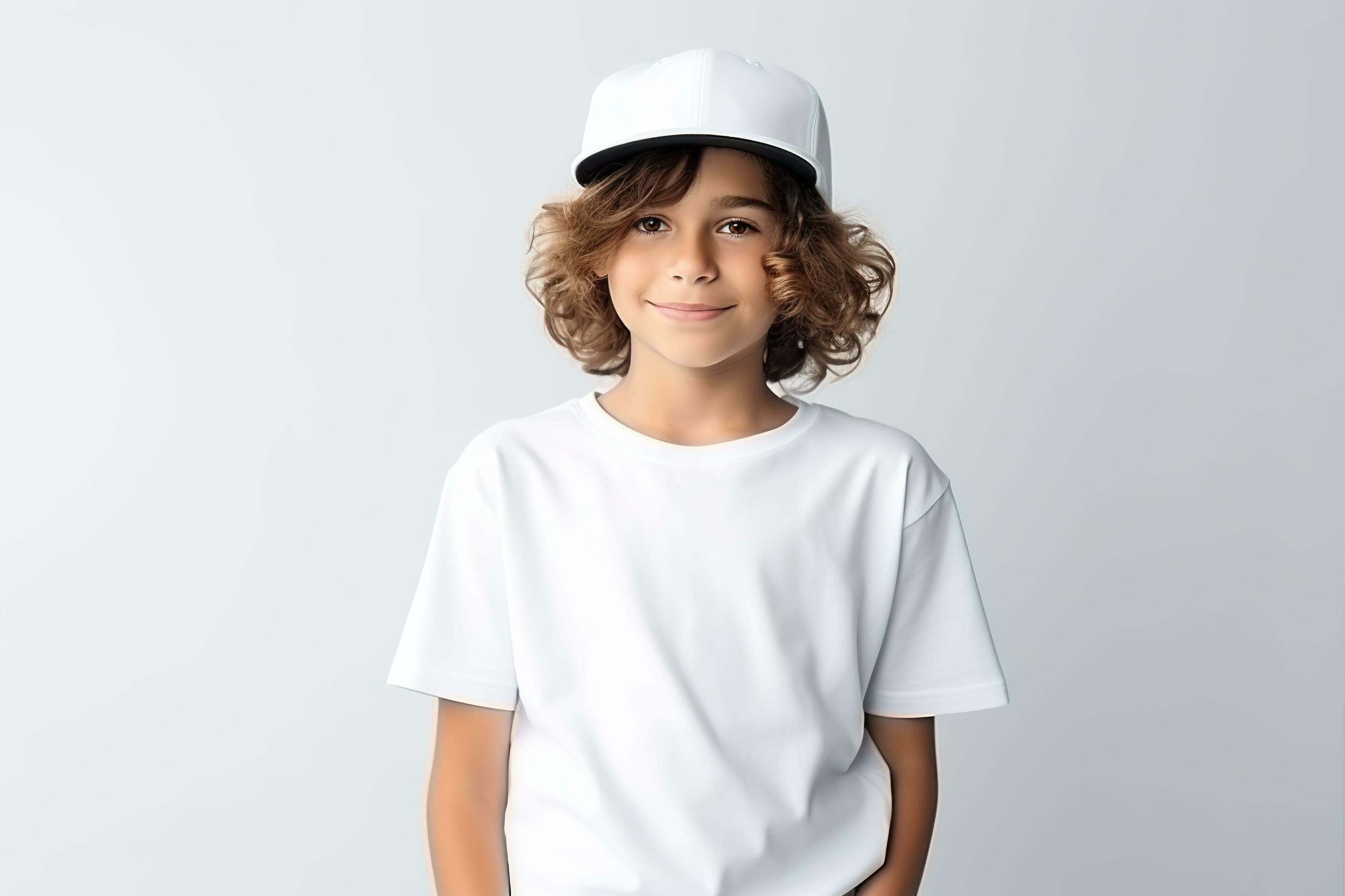 AI generated Cute boy in white t-shirt and cap. Kids t-shirt mockup ...