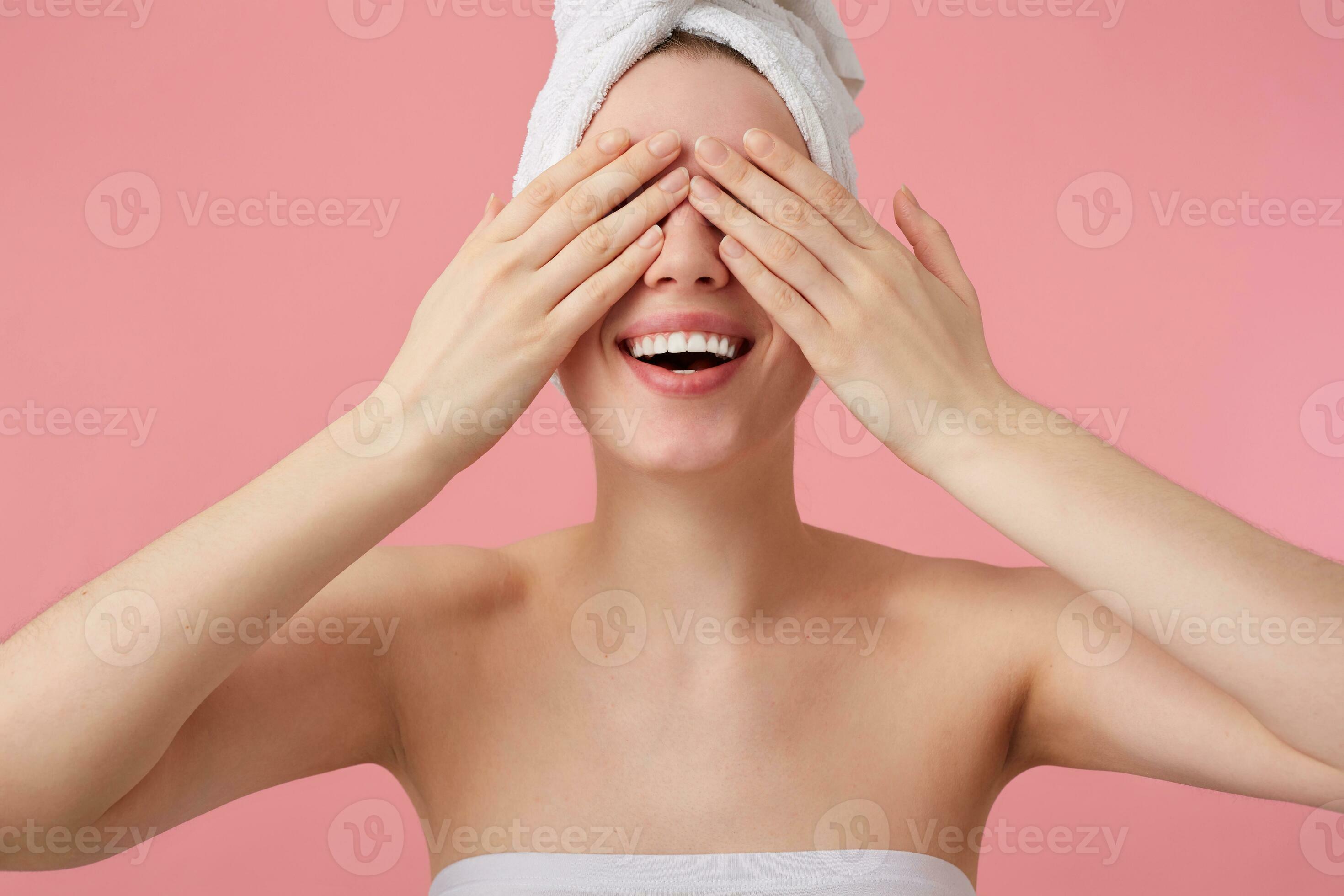 Close Up Of Young Happy Woman After Shower With A Towel On Her Head