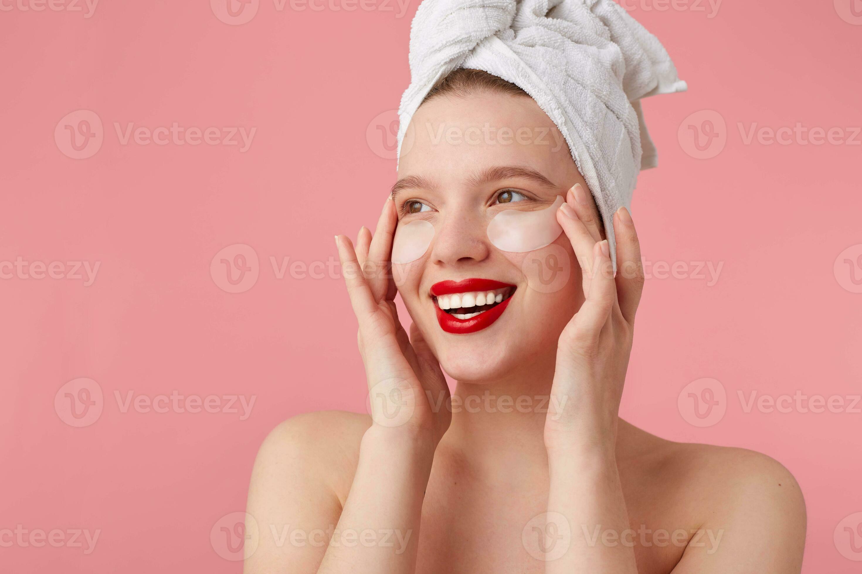 Close Up Of Young Happy Woman After Shower With A Towel On Her Head